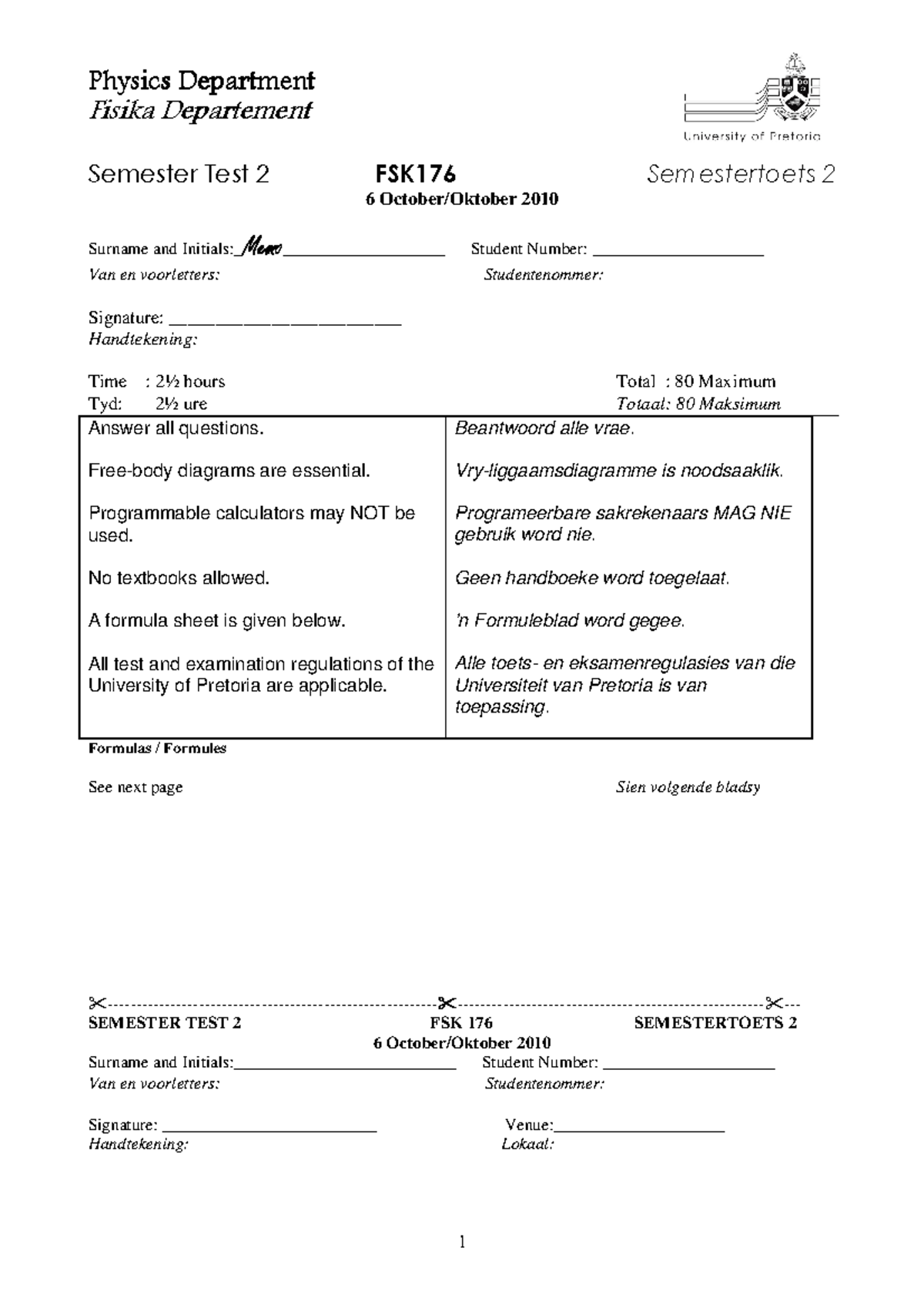 FSK176 Semester test 2 memo 2010 - - Studocu