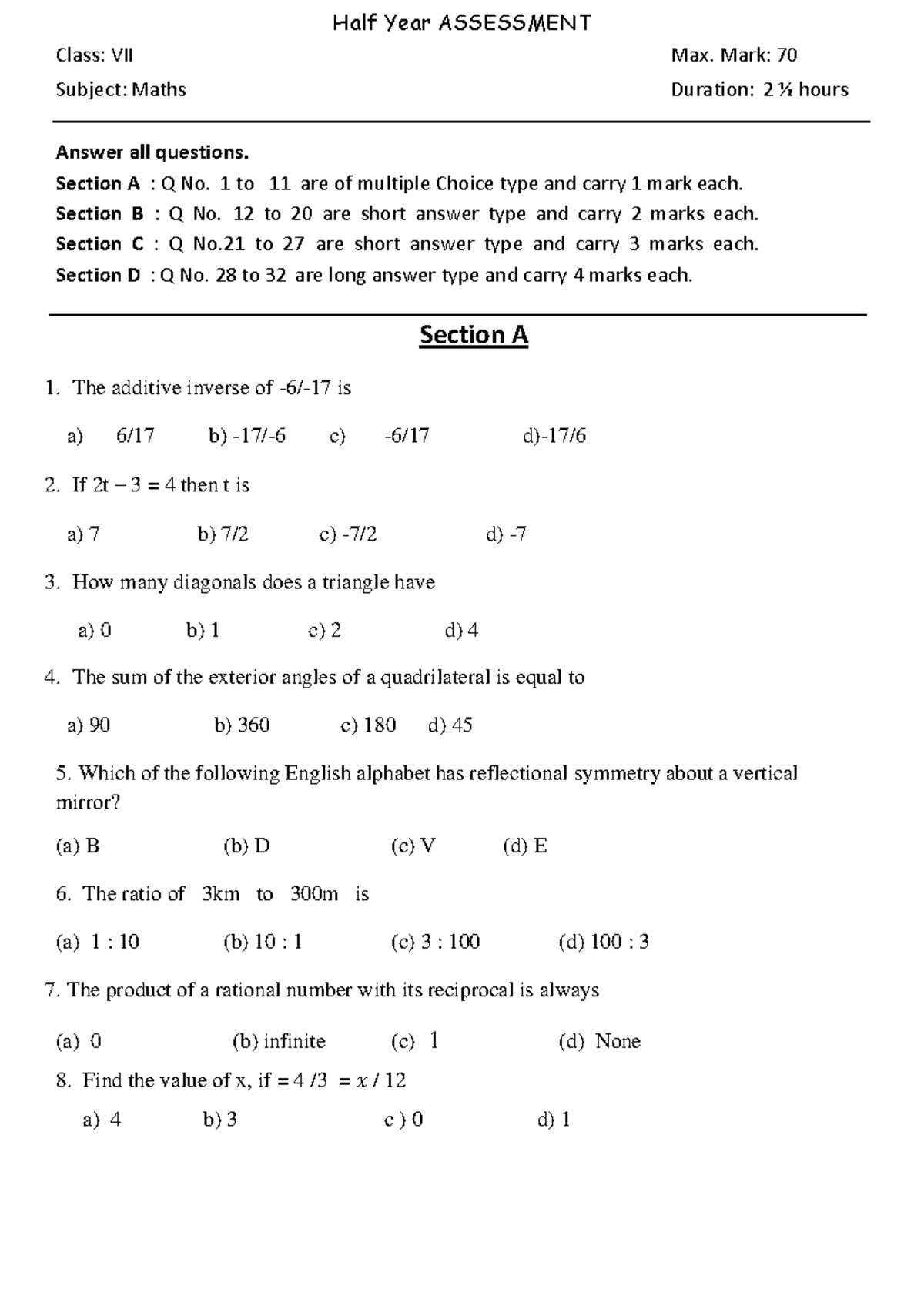 Class 7th Maths Half Yearly - Half Year ASSESSMENT Class: VII Max. Mark ...