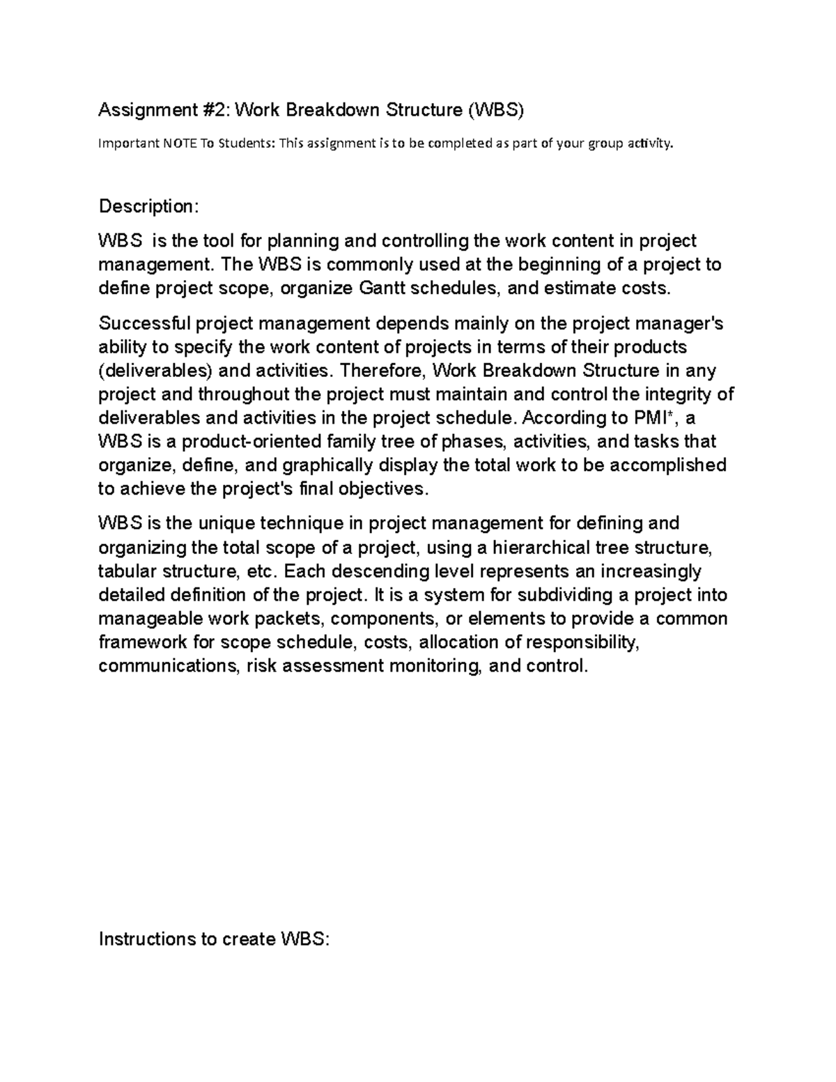 WBS assignment - Assignment #2: Work Breakdown Structure (WBS ...