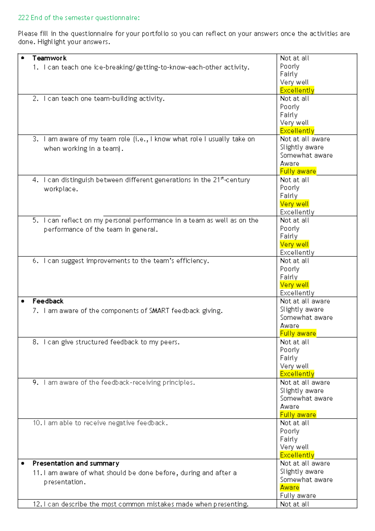 222 End of the Semester questionnaire - 222 End of the semester ...