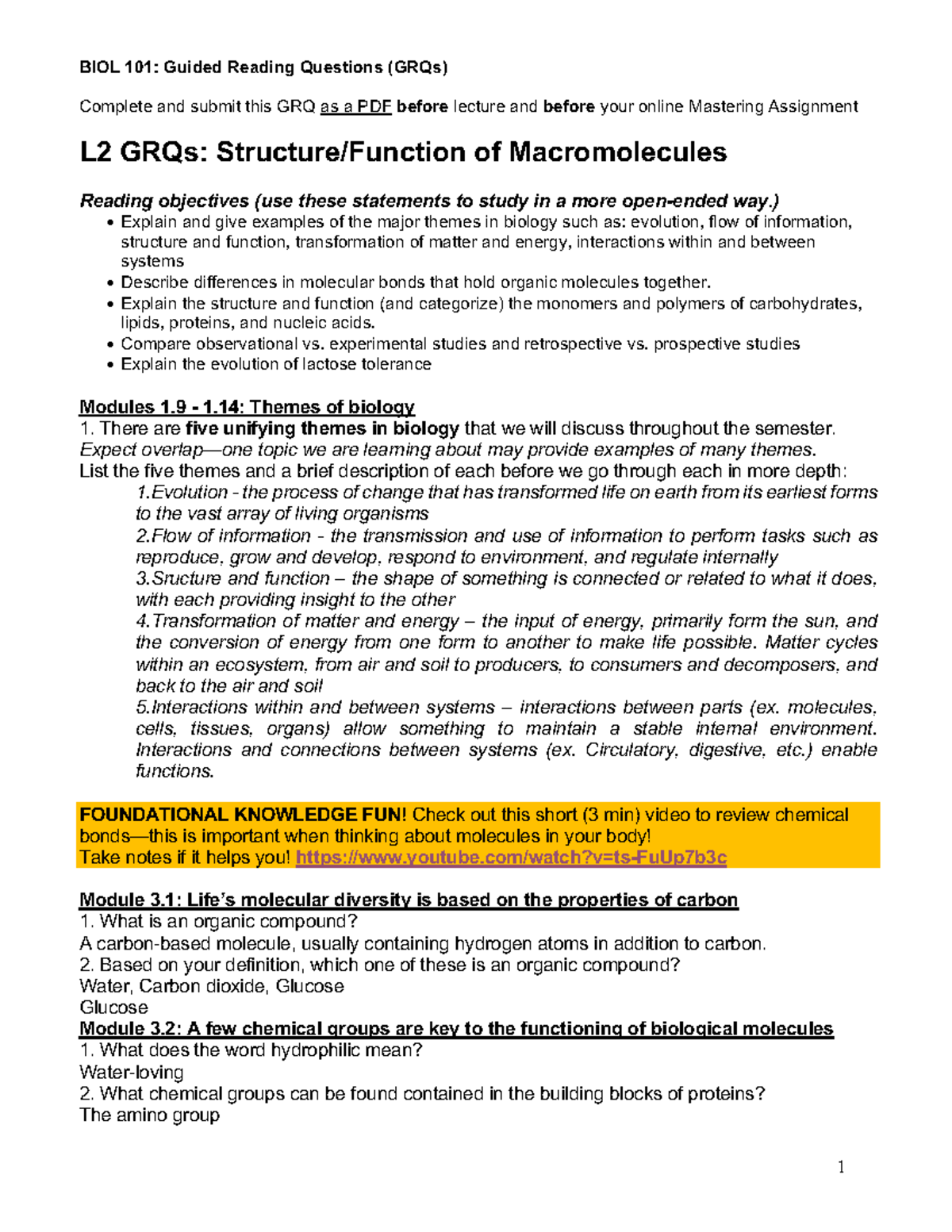 Lesson 2 GRQs Structure and Function of Macromolecules - Complete and ...