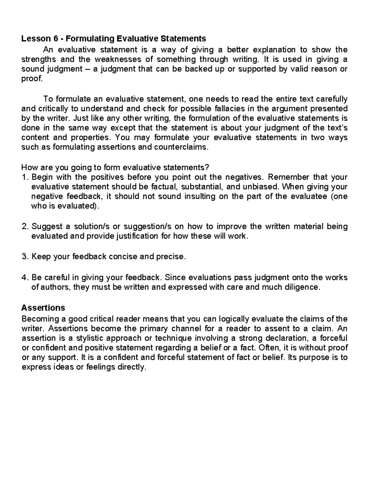 ENG2-RW- Lesson-6 - .......... - Lesson 6 - Formulating Evaluative ...