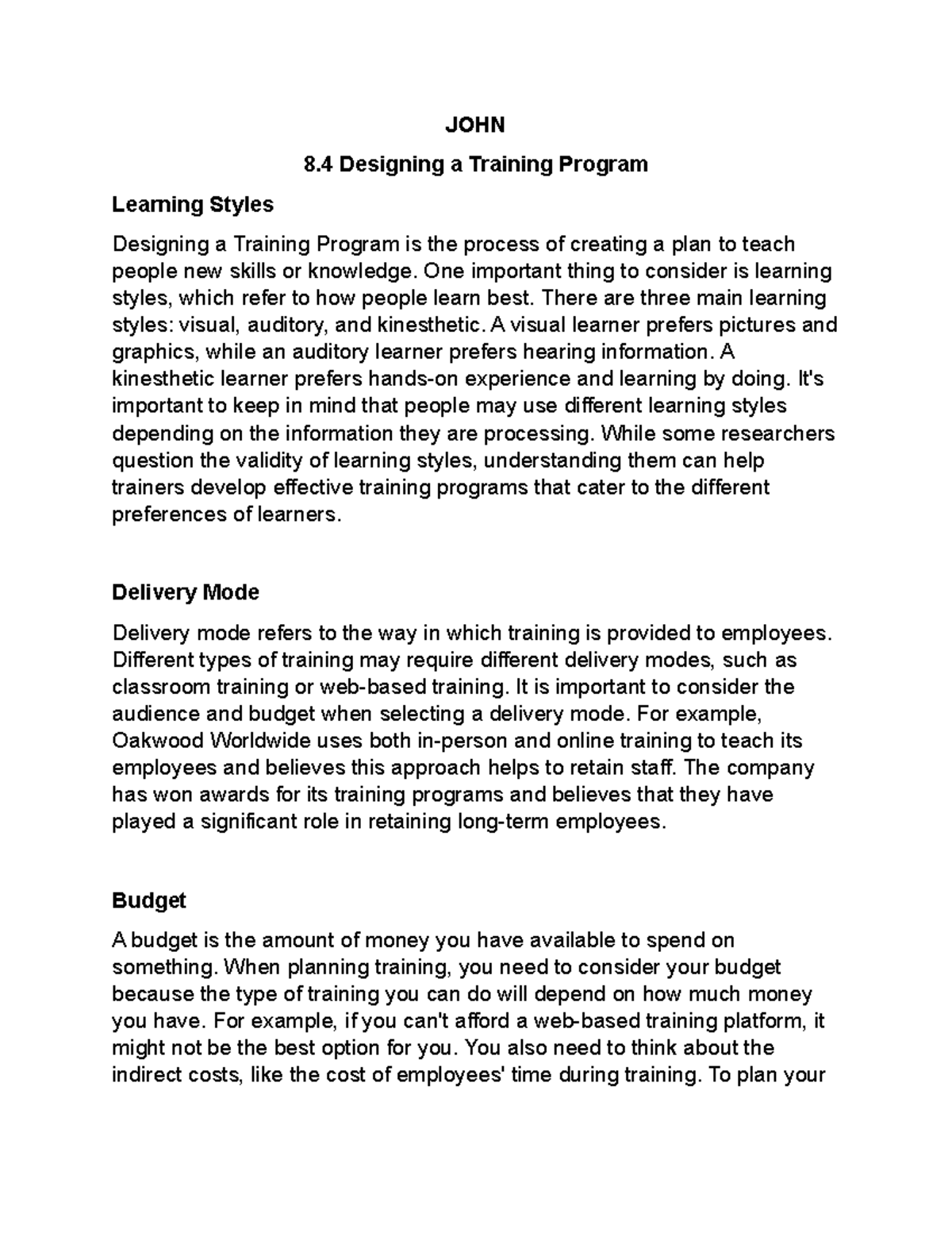 Notes for your presentation - JOHN 8 Designing a Training Program ...