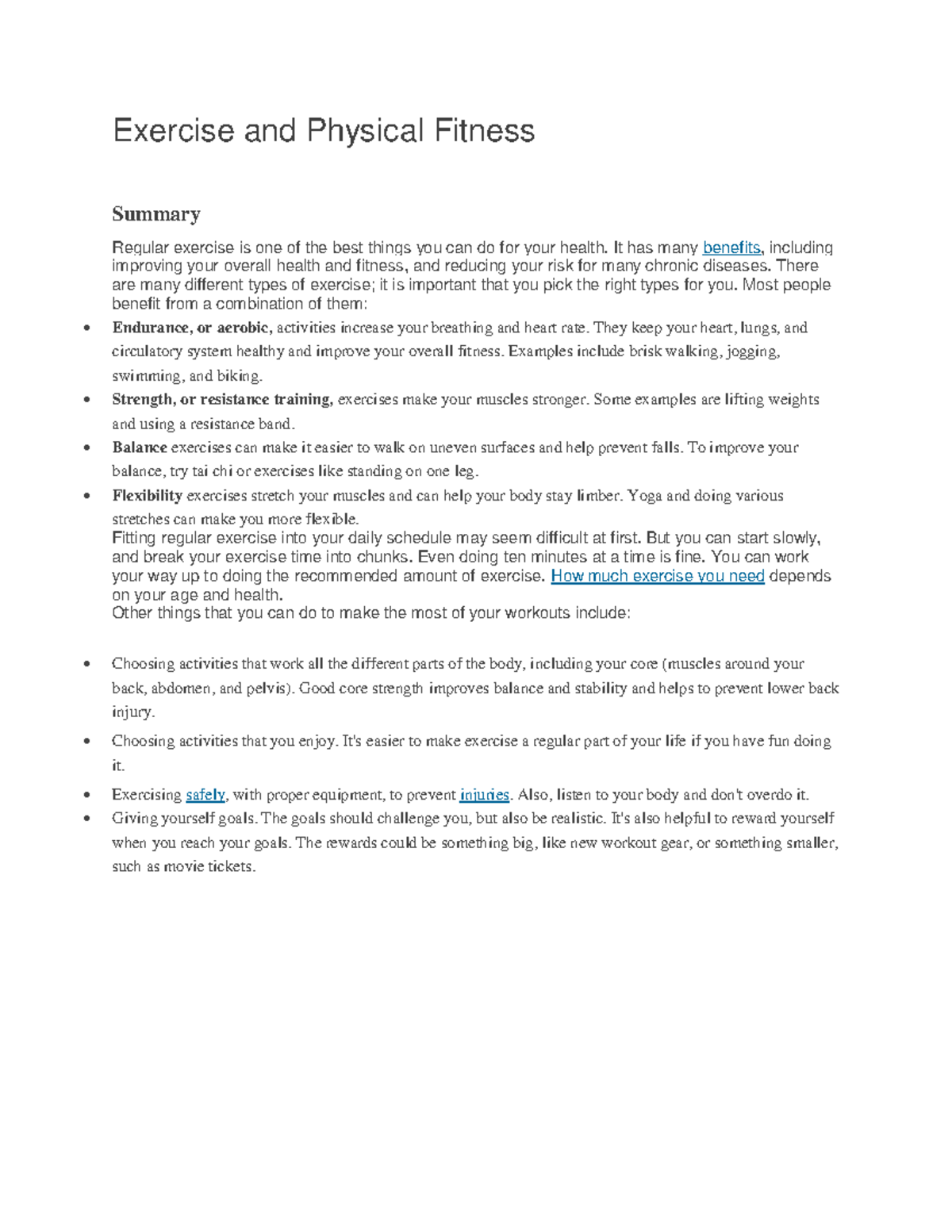 Exercise and Physical Fitness - Exercise and Physical Fitness Summary ...