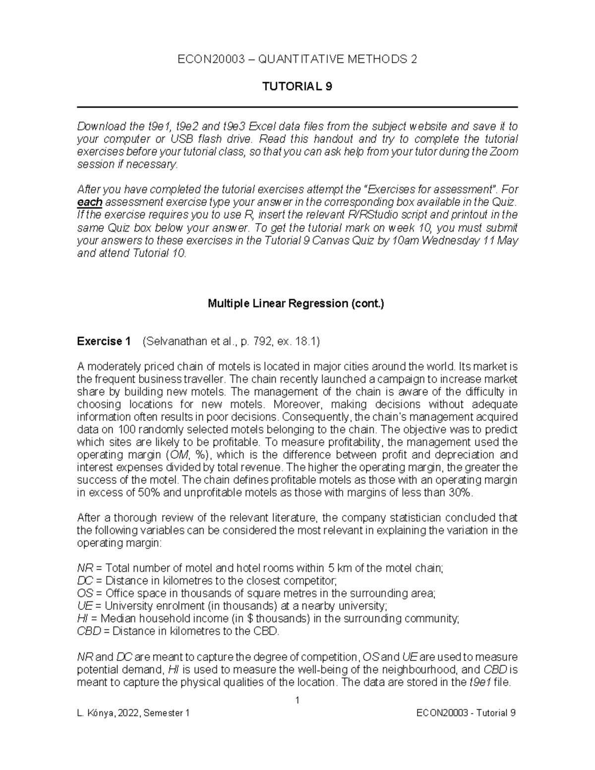 Quantitative methods 2 - Tutorial 9 questions - 1 ECON20003 – QUANTITATIVE METHODS 2 TUTORIAL 9 ...