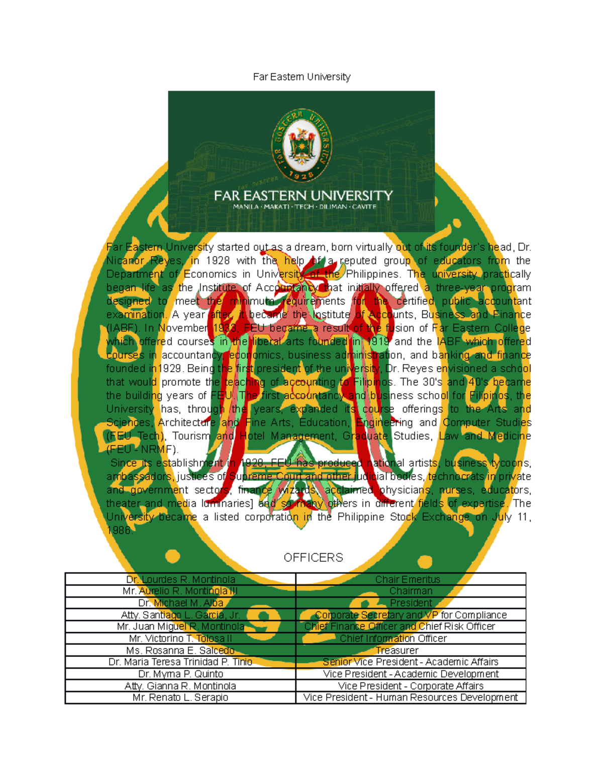 Far Eastern University- Investment Information - Far Eastern University ...