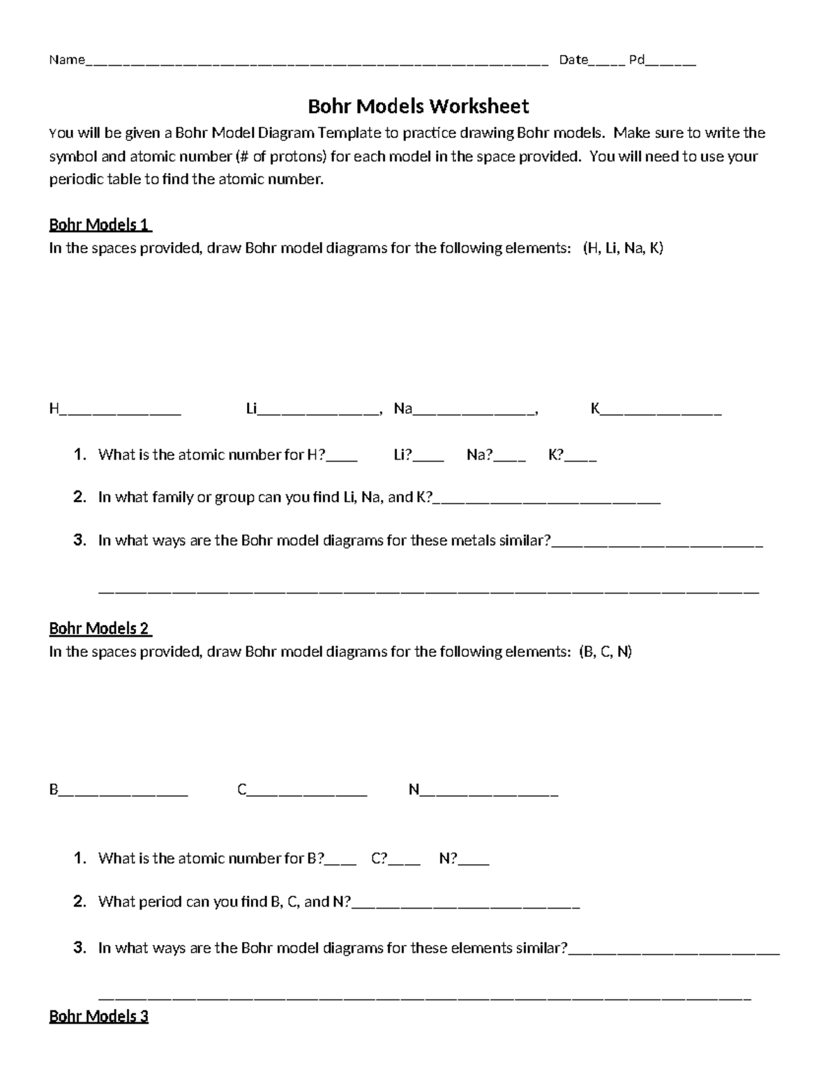 Borhs Model Worksheet - Bohr - Name