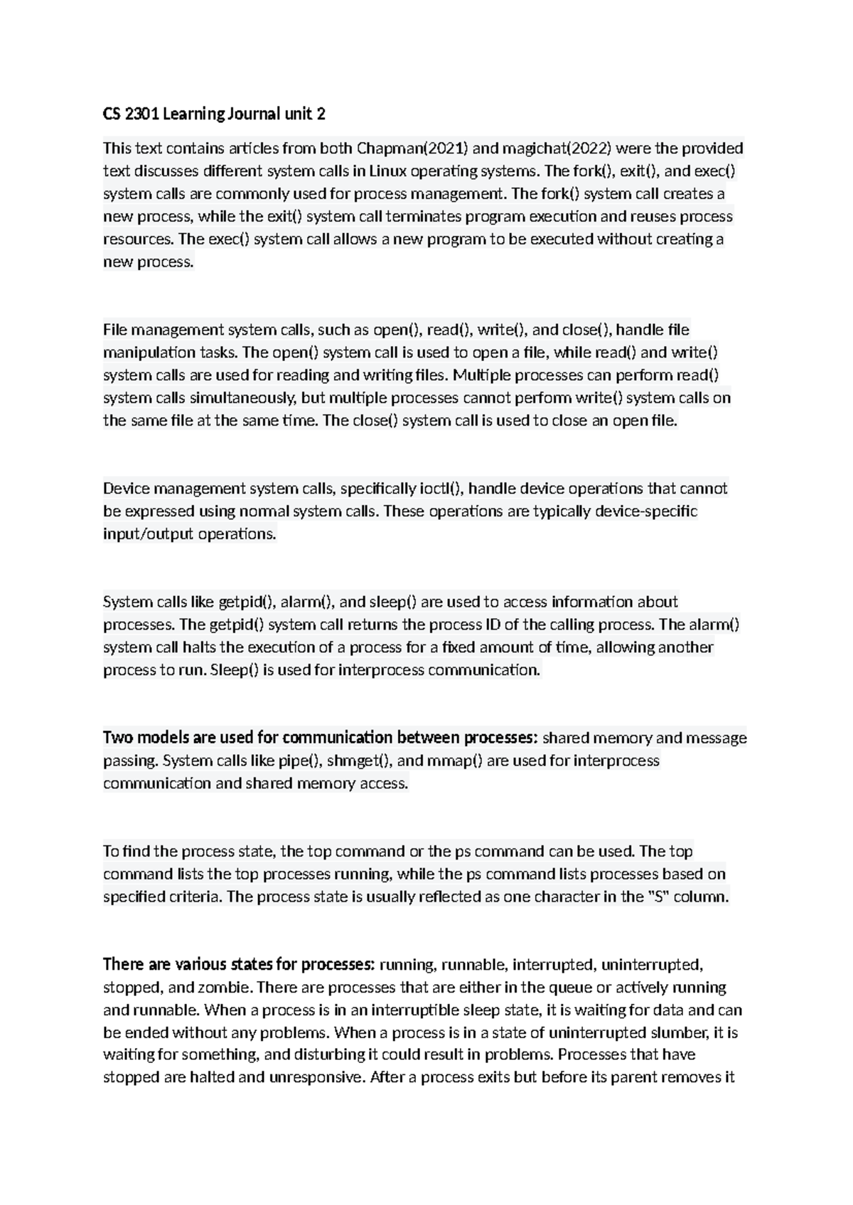 CS 2301 Learning Journal unit 2 - The fork(), exit(), and exec() system calls are commonly used ...