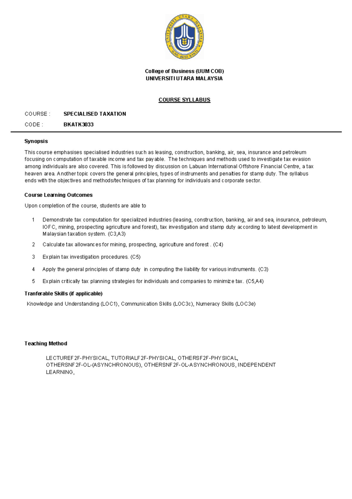 Syllabus Student - College of Business (UUM COB) UNIVERSITI UTARA ...