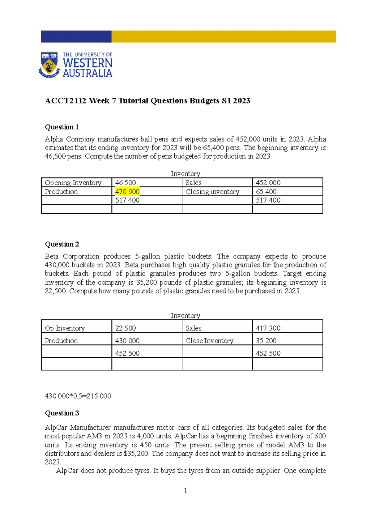 ACCT2112 Week 7 Tute Qns Budgets - ACCT2112 Week 7 Tutorial Questions Budgets S1 2023 Question 1 ...