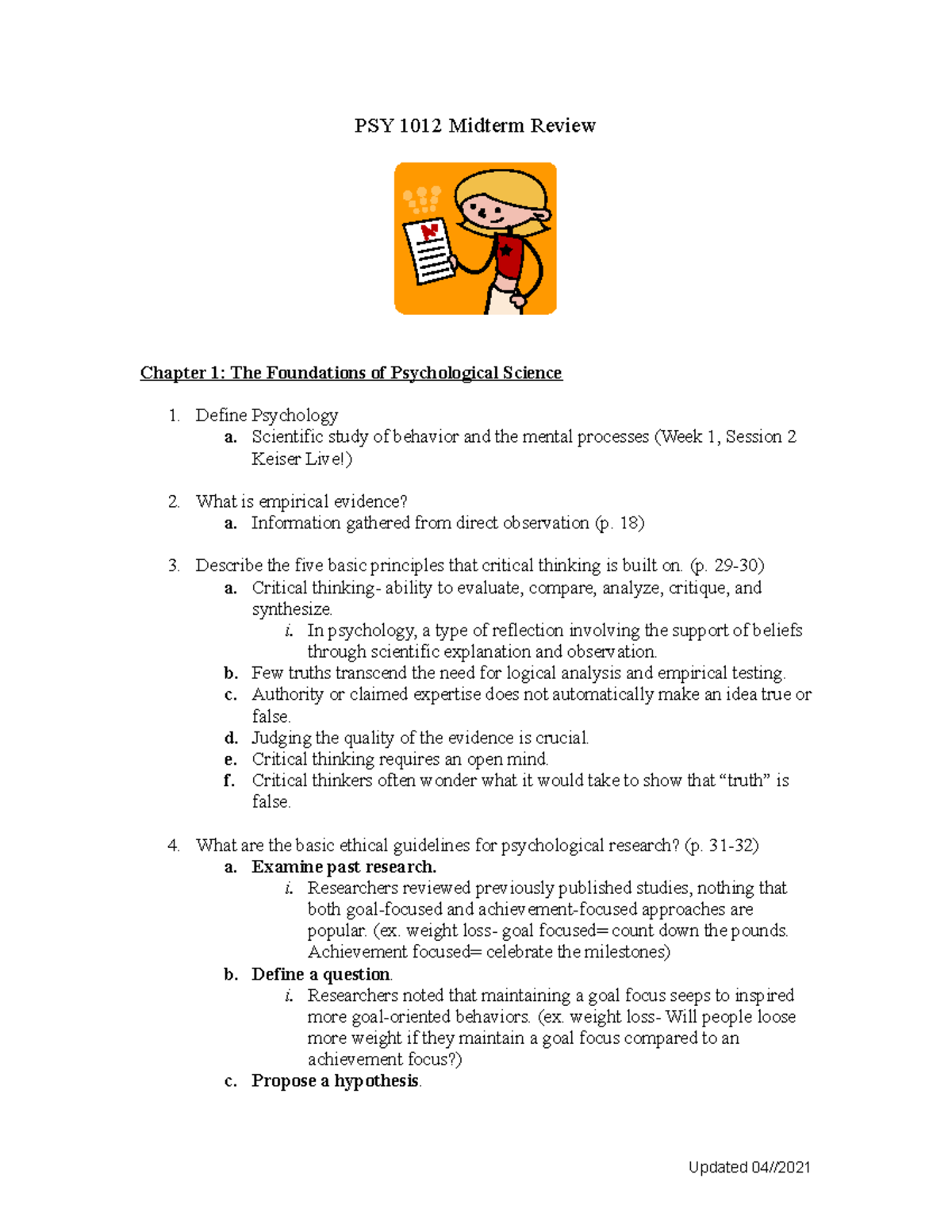 Midterm Review - PSY 1012 Midterm Review Chapter 1: The Foundations of Psychological Science ...