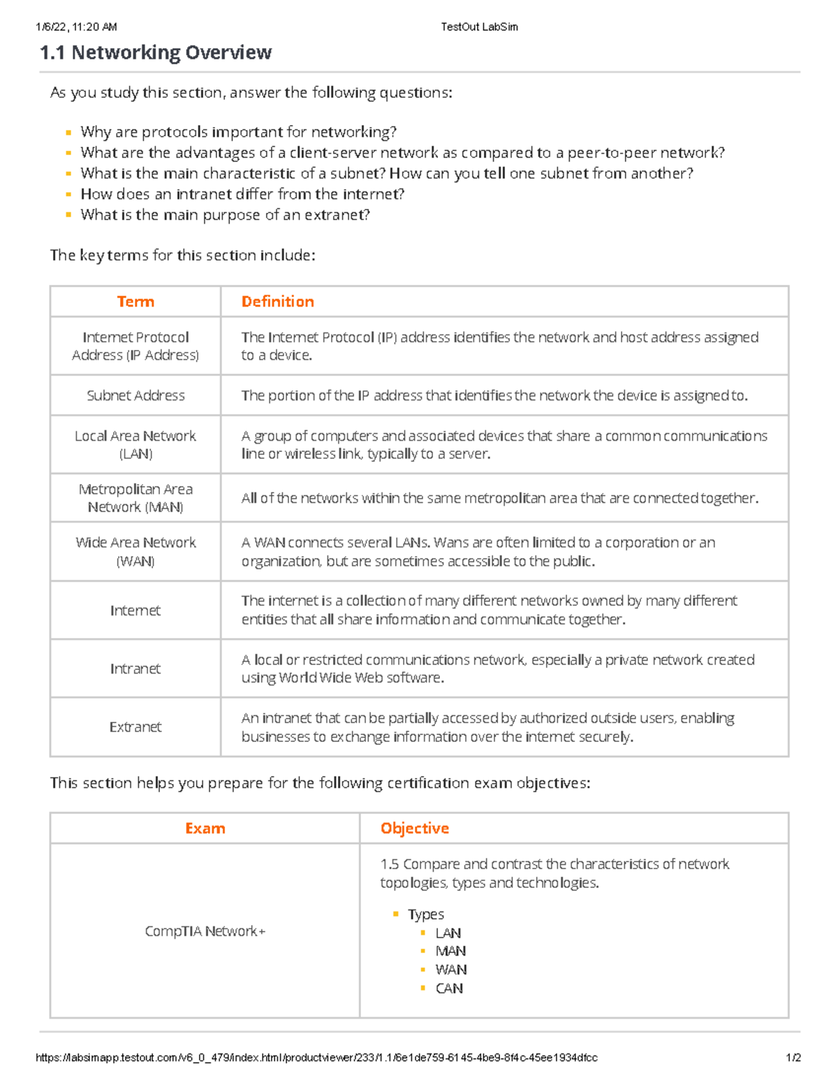1.1 Networking Overview - 1/6/22, 11:20 AM TestOut LabSim - Studocu