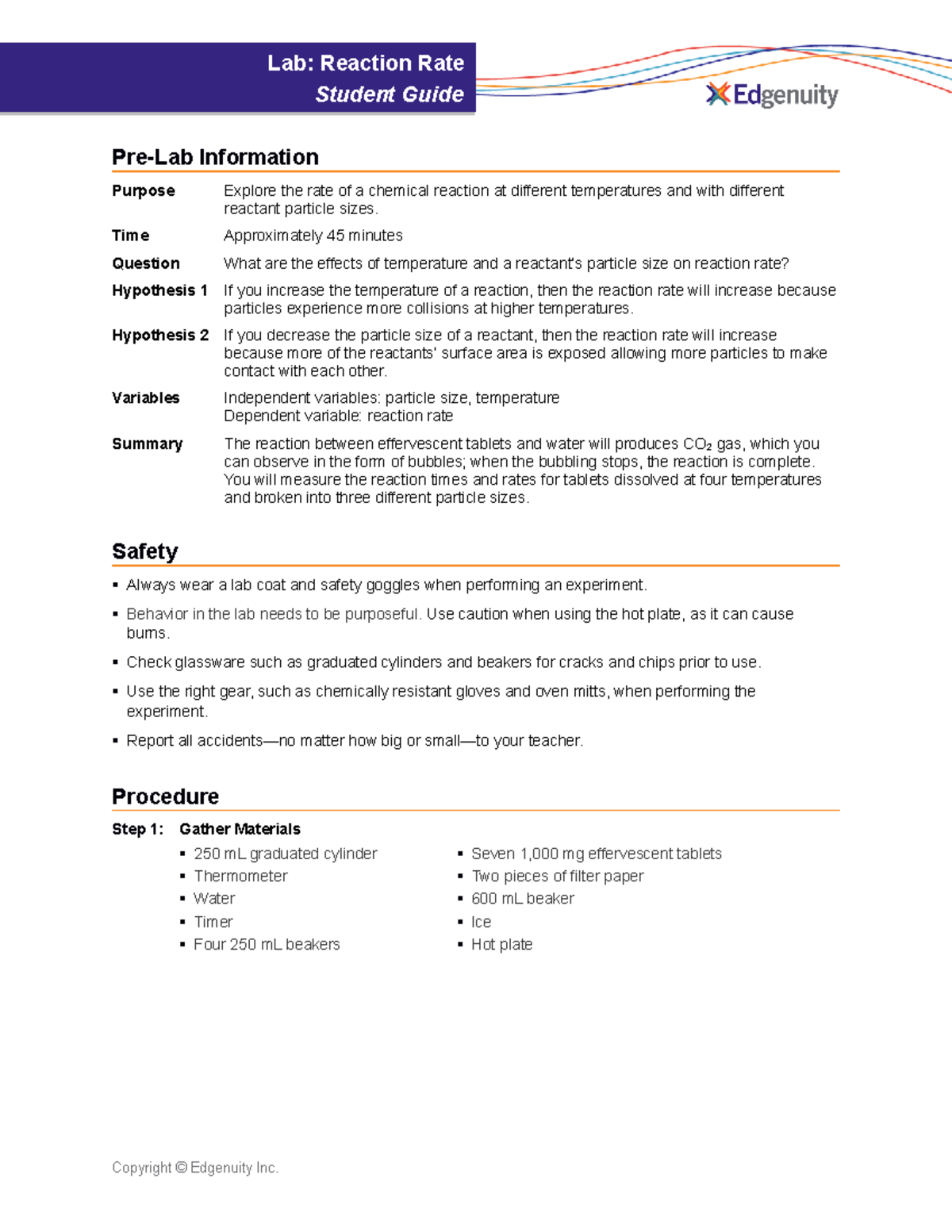 Chemistry-Reaction Rate-Student Guide - Pre-Lab Information Purpose ...