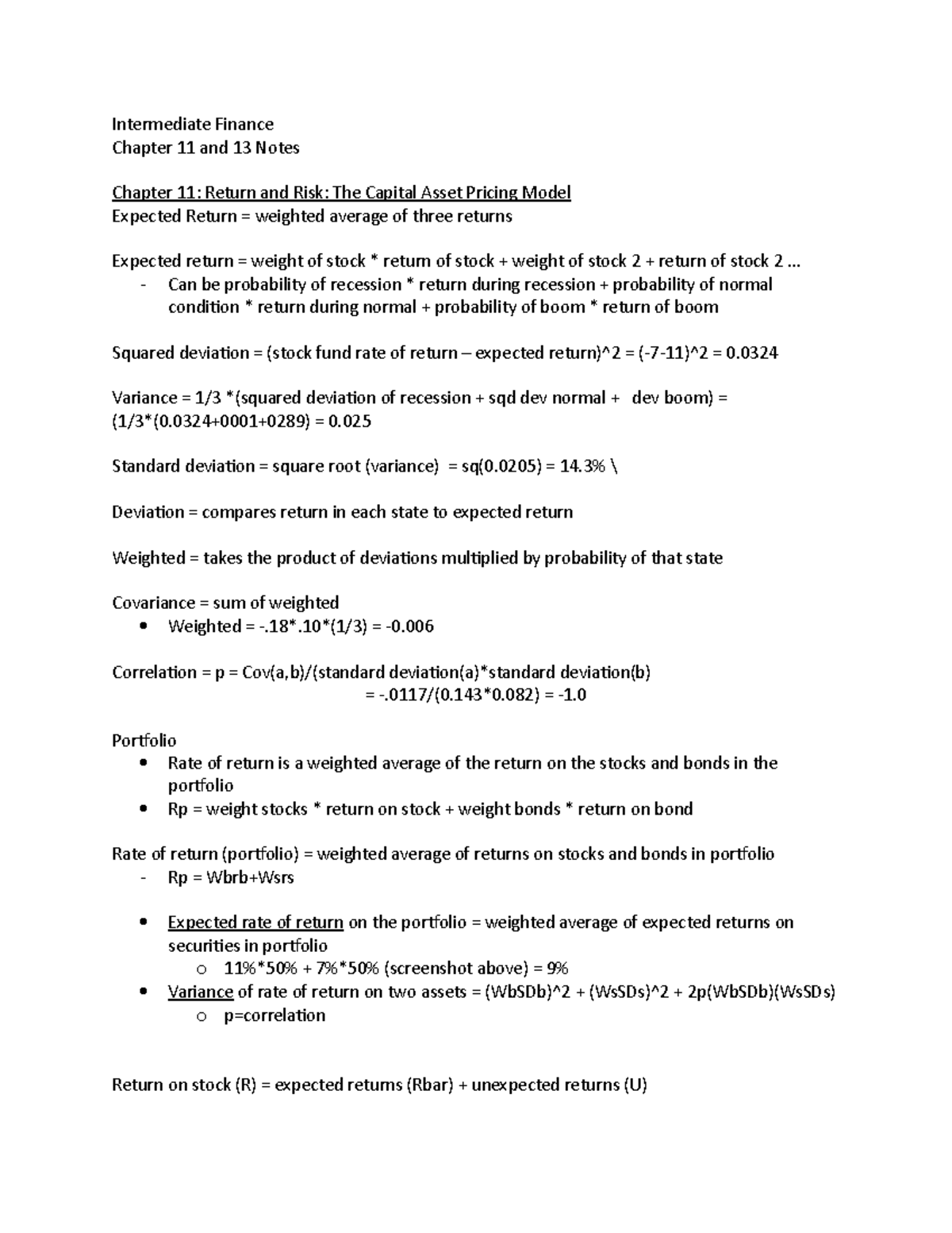 Intermediate Finance ch. 11 and 13 Notes - Intermediate Finance Chapter ...