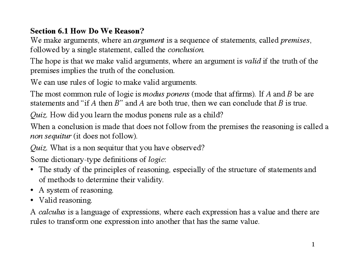 Logic 1 - Summary Na - Na - 1 Section 6 How Do We Reason? We make ...