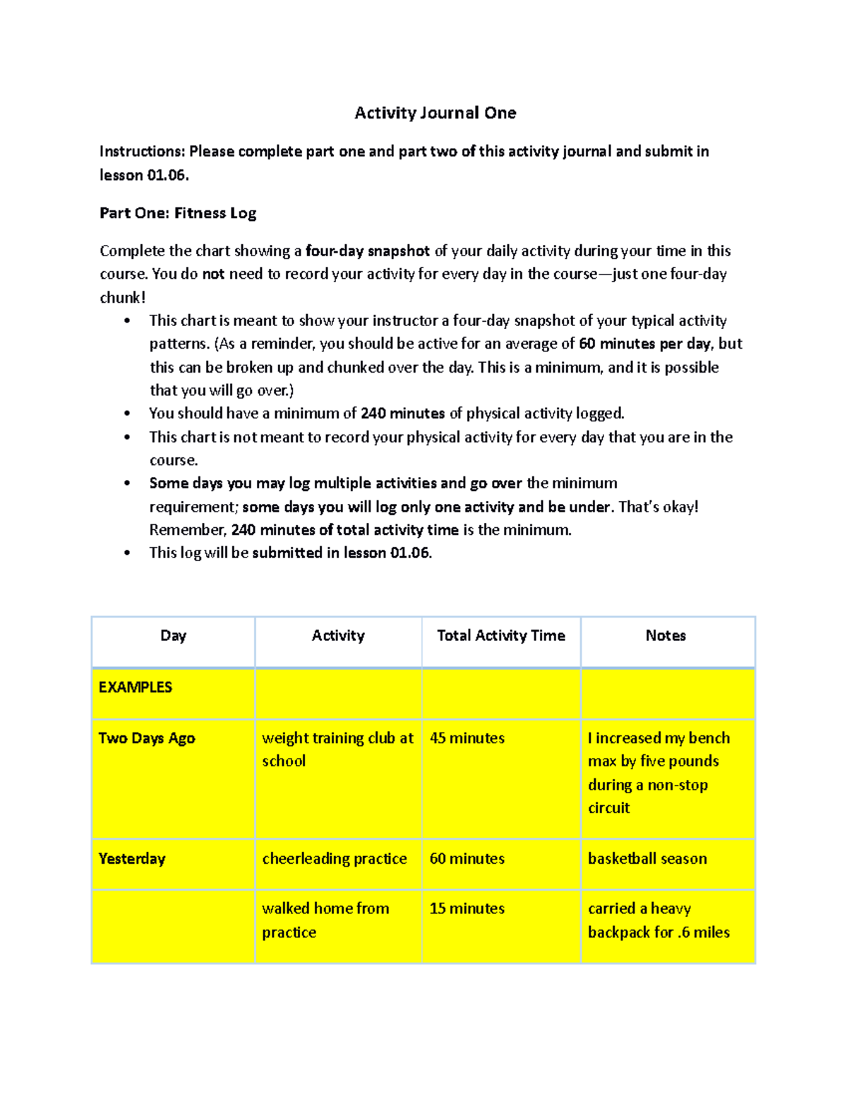 PE activity journal 01 - fitness lifestyle - Activity Journal One ...