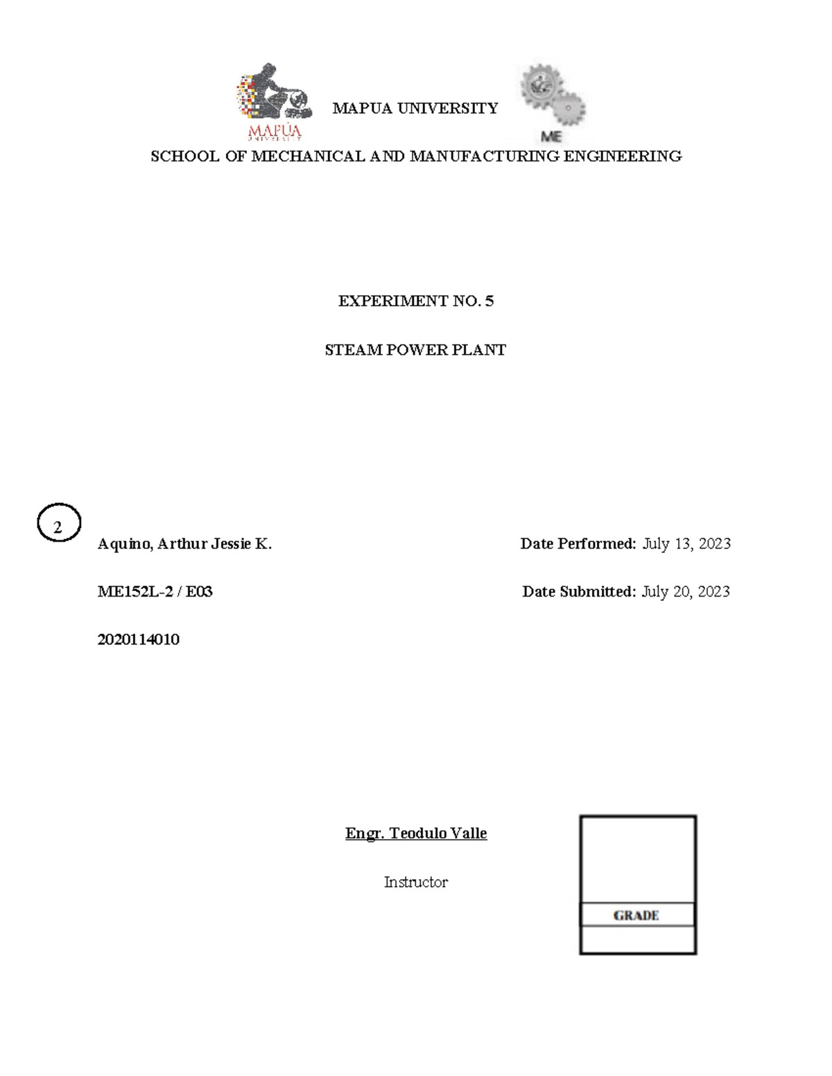 Labrep 5 ME LAB 3 - MAPUA UNIVERSITY SCHOOL OF MECHANICAL AND ...