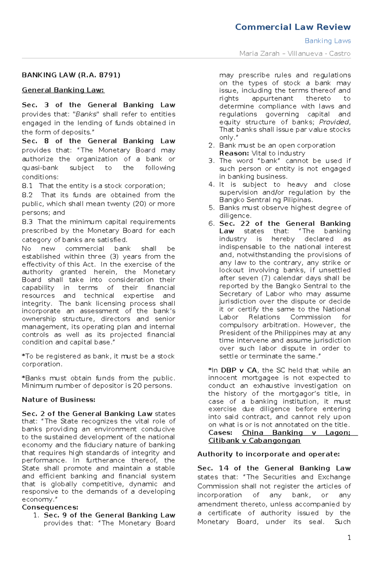 Commercial law review maria zarah villanueva castro - Banking Laws ...