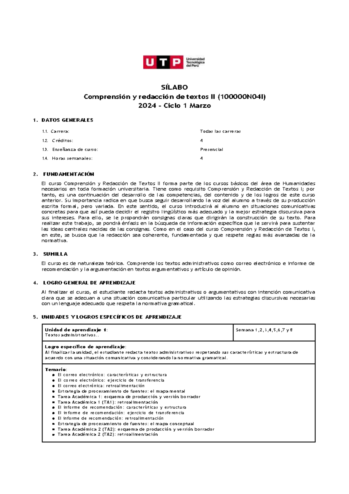 100000 N04I Comprension YRedaccion De Textos Ii Btydyf - SÍLABO Comprensión y redacción de ...
