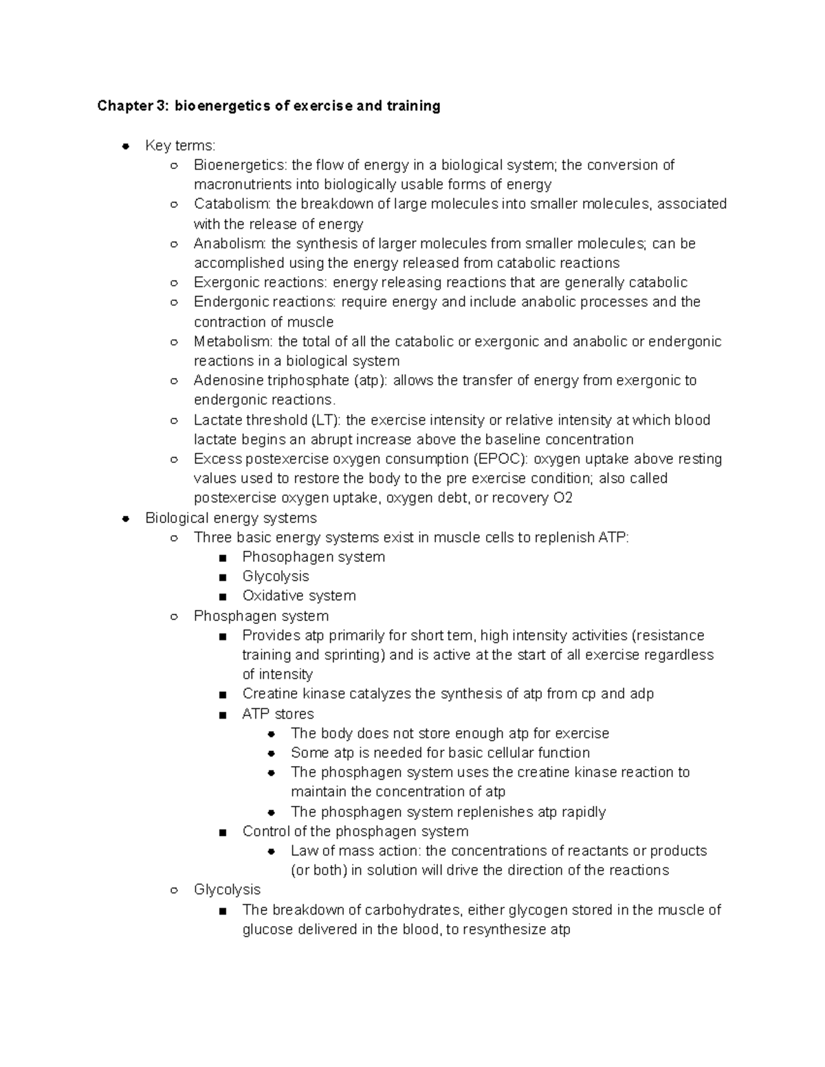 EXSC 451 Chp 3 notes - Chapter 3: bioenergetics of exercise and ...
