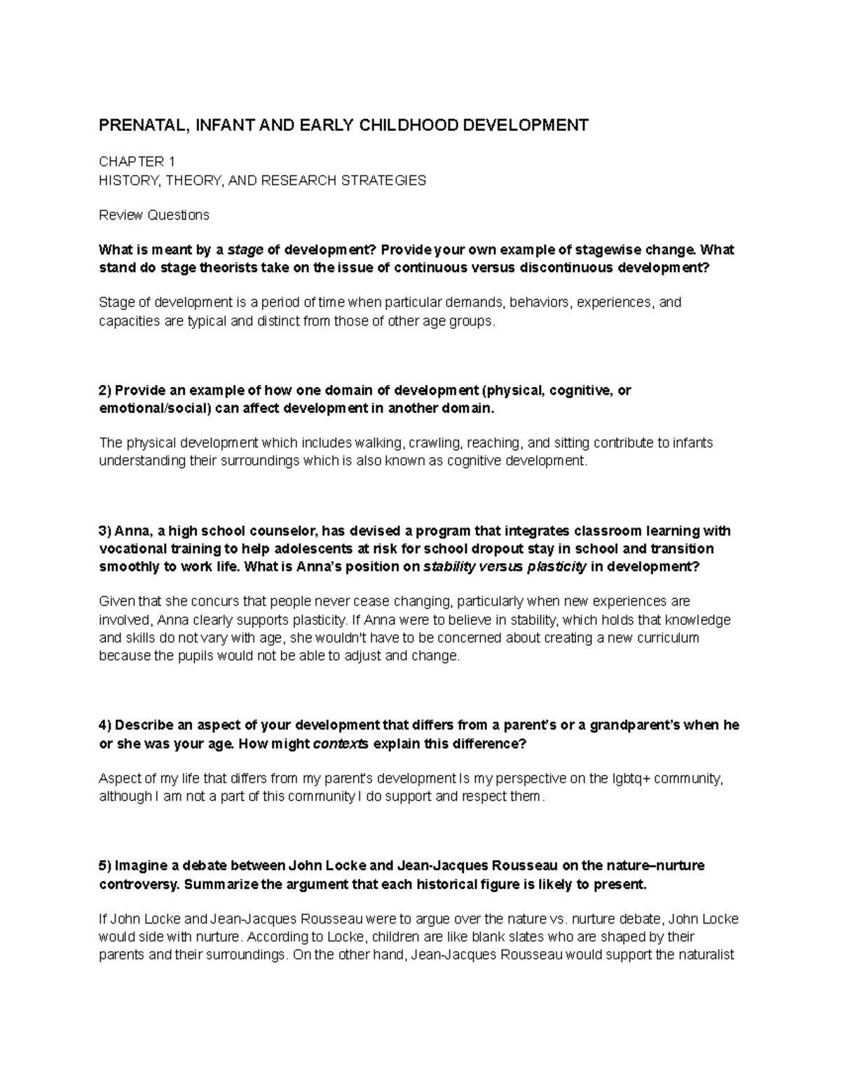 Chapter 1 Review Questions - PRENATAL, INFANT AND EARLY CHILDHOOD ...