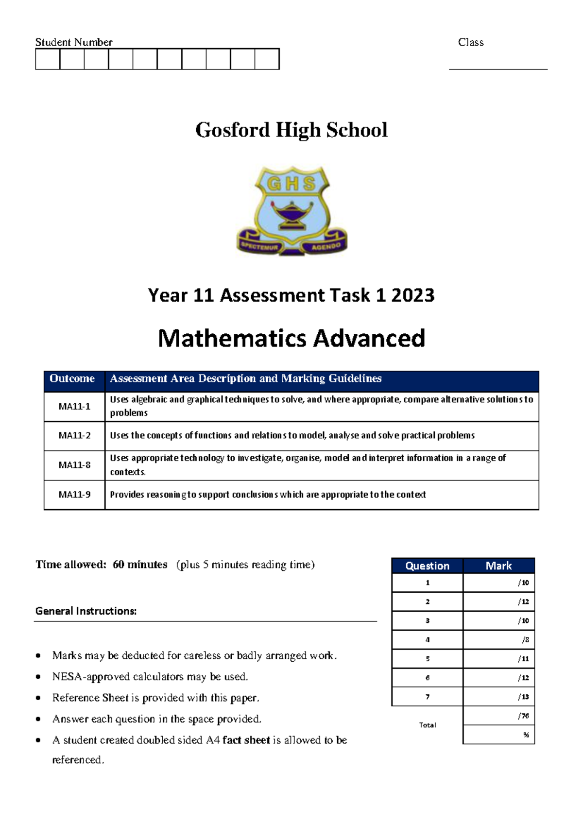 2023 Year 11 Advanced Task 1 - Student Number Class Gosford High School ...