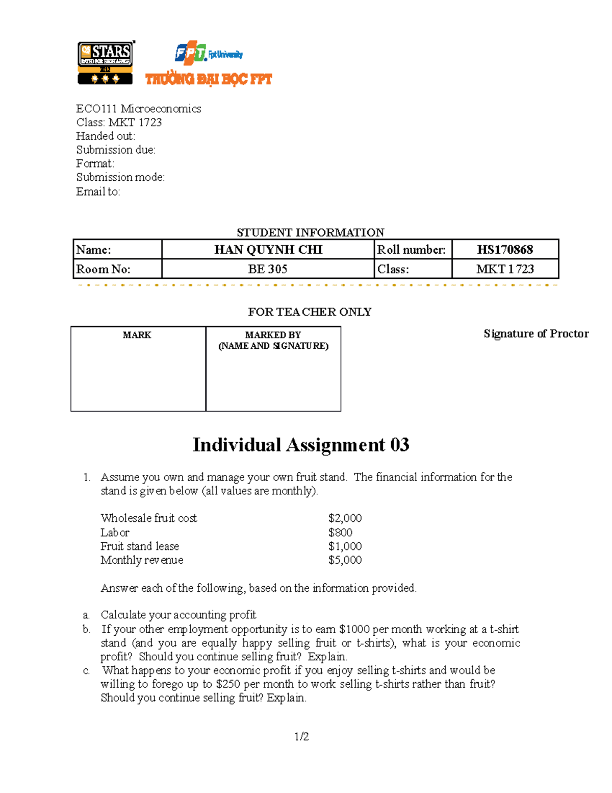 ECON111 Individual-Assignment-03 - ECO111 Microeconomics Class: MKT ...
