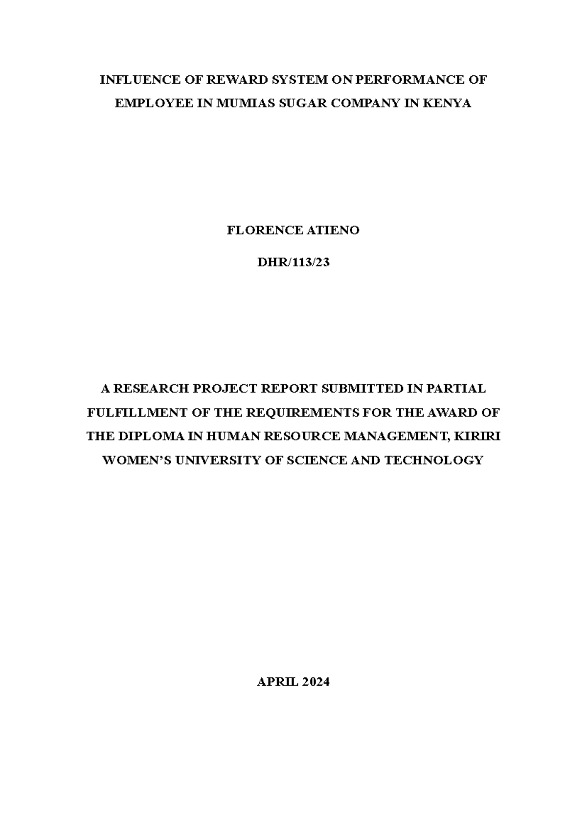 Florence Project - N/A - INFLUENCE OF REWARD SYSTEM ON PERFORMANCE OF ...