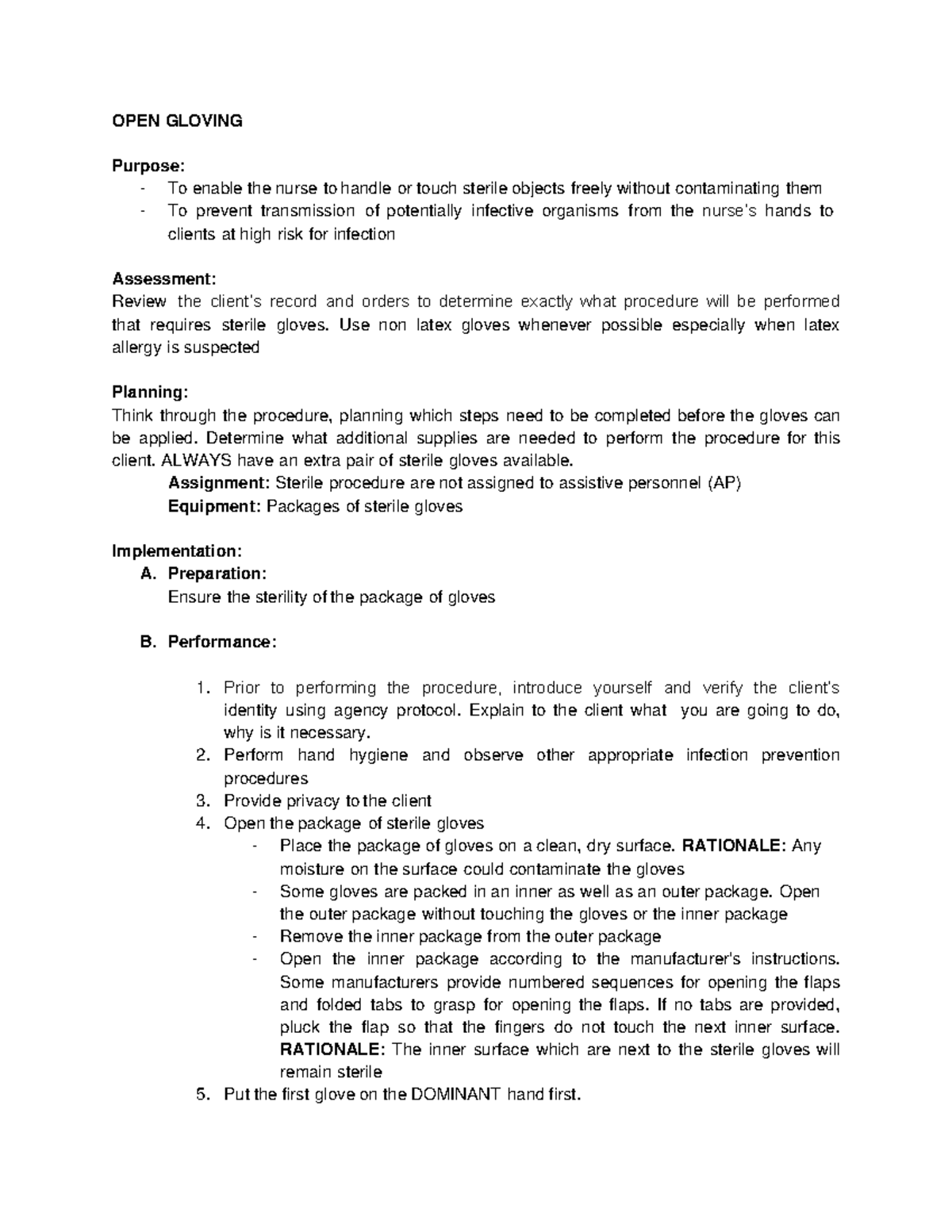 Rle - Open Gloving - Return Demonstration - OPEN GLOVING Purpose: - To ...