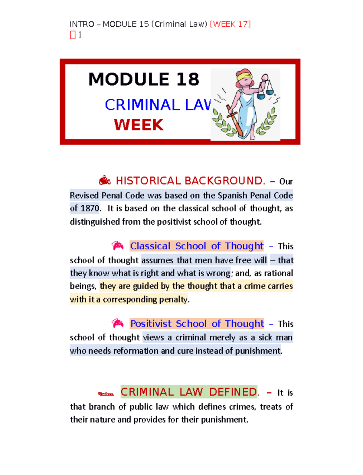 Mod18-Criminal-Law - for intro to law - ####### 🐀 1 MODULE 18 CRIMINAL LAW WEEK HISTORICAL - Studocu