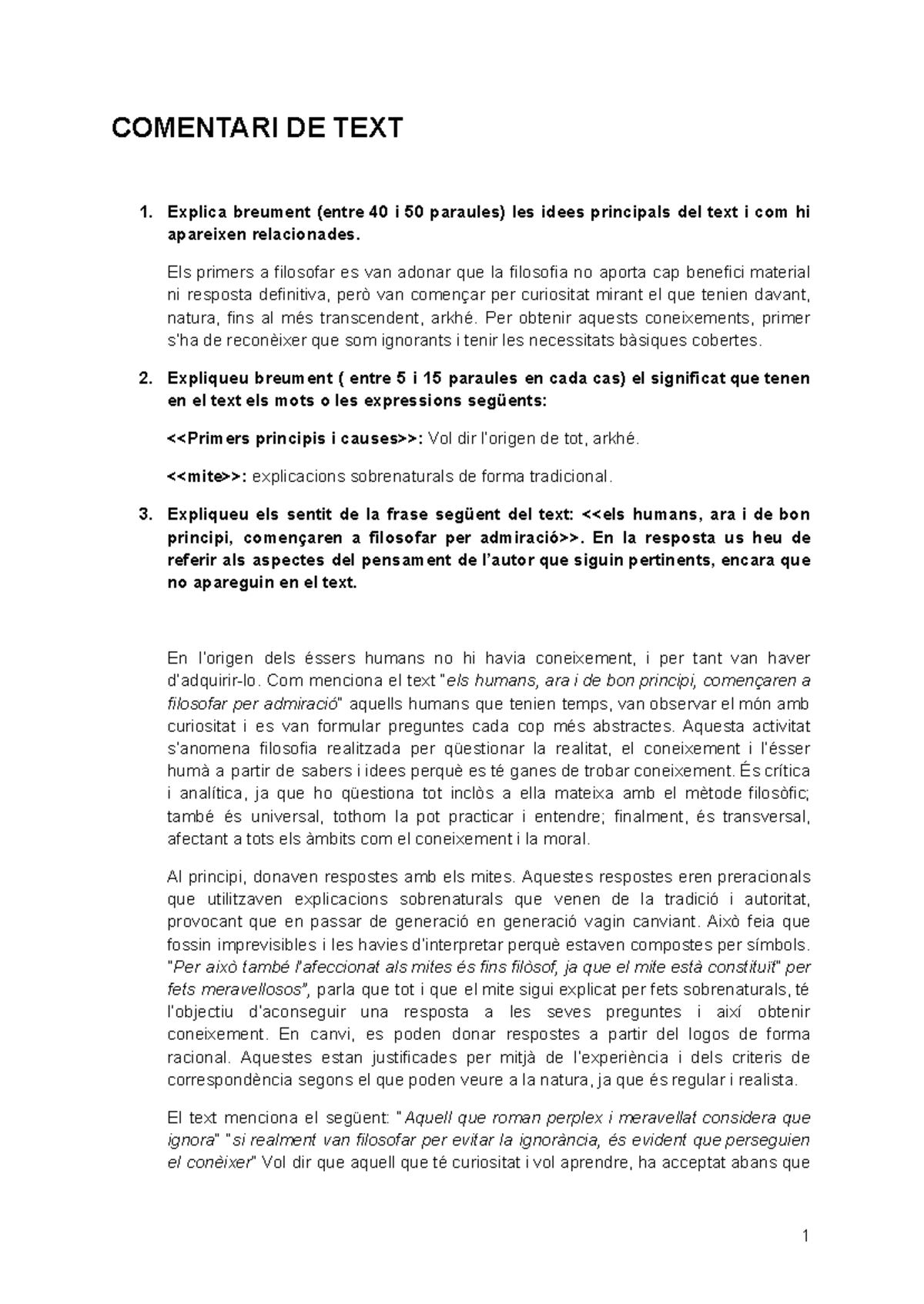Comentari de text - COMENTARI DE TEXT Explica breument (entre 40 i 50 paraules) les idees ...