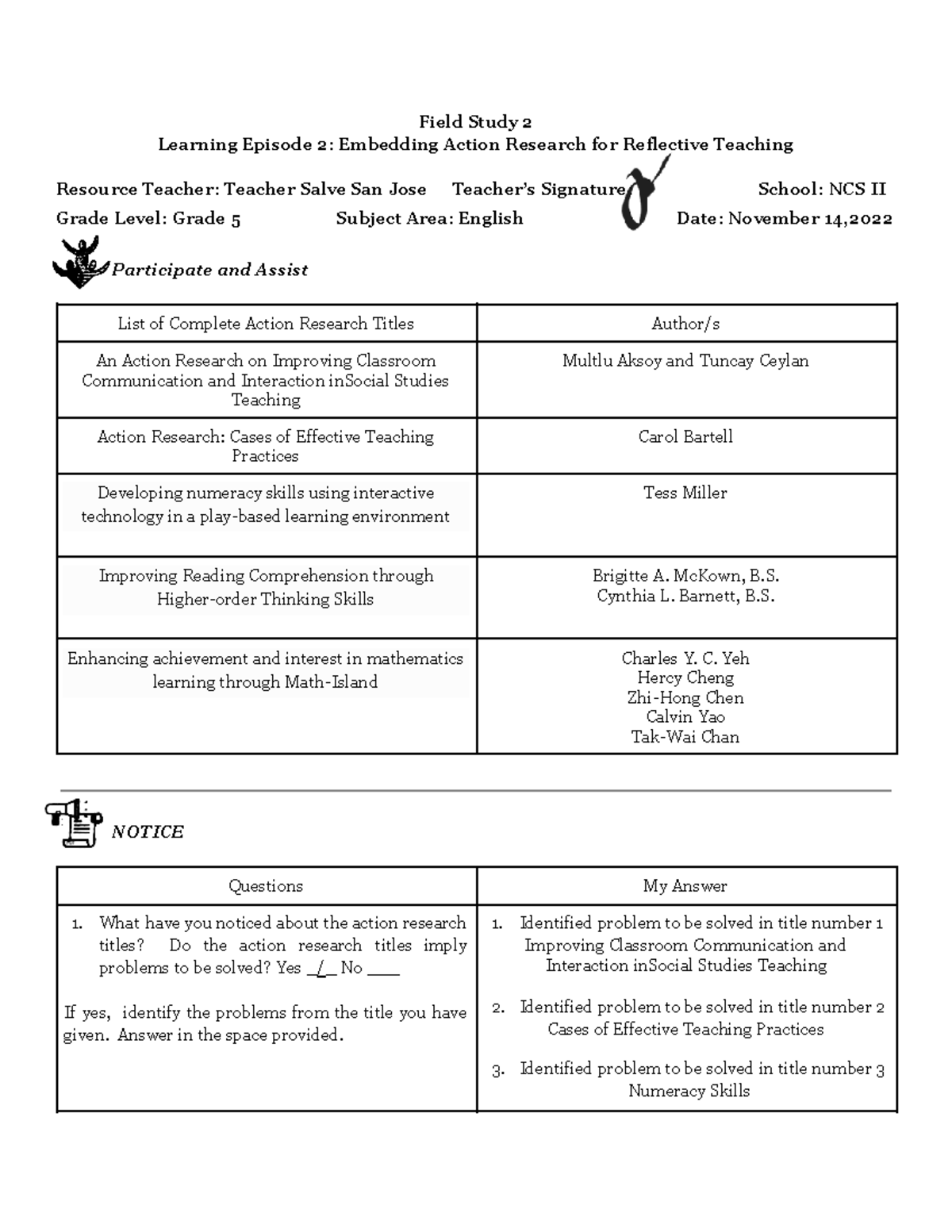 Learning Episode 2 - Field Study 2 Learning Episode 2: Embedding Action Research for Reflective ...