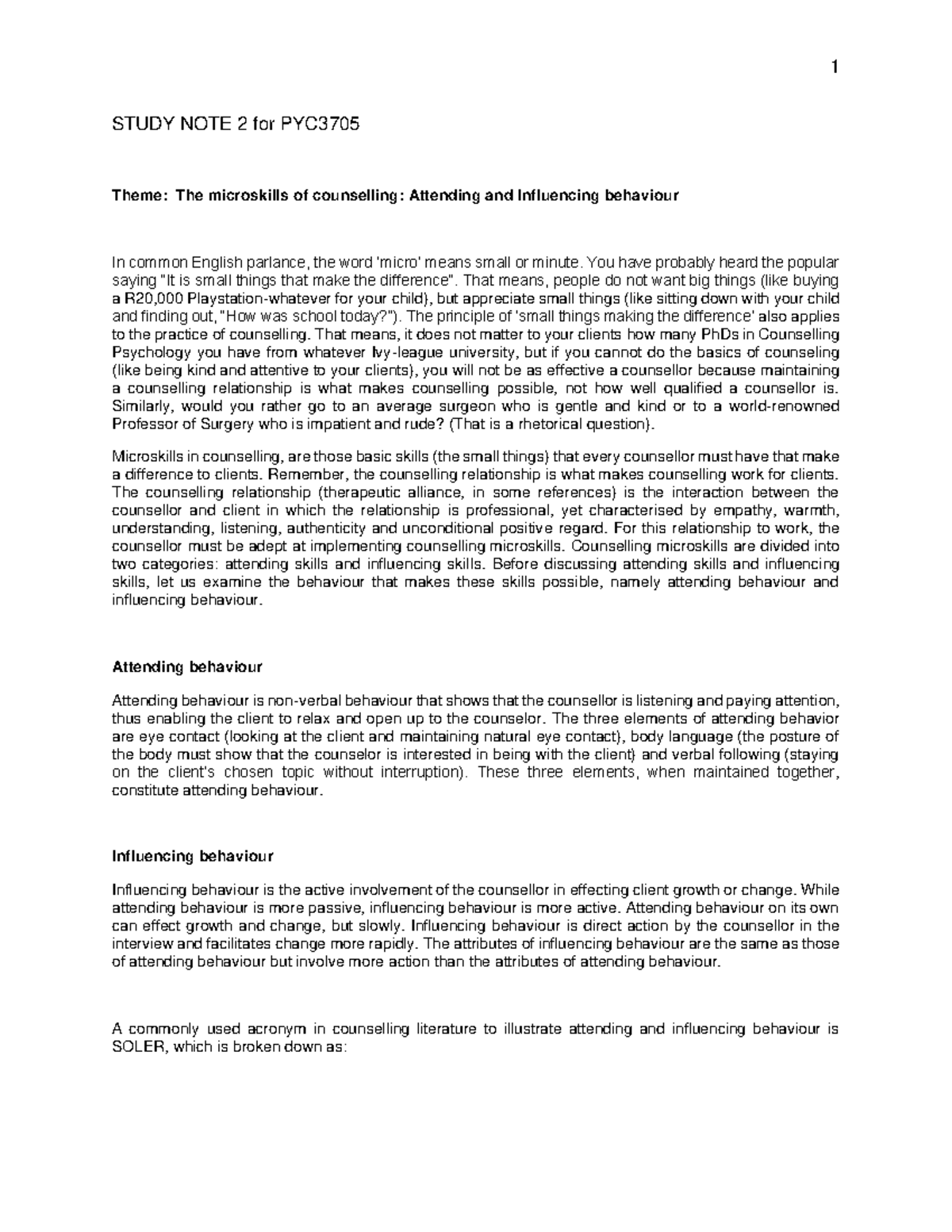 Study NOTE 2 Theme - Microskills of counselling A 240718 080021 - 1 STUDY NOTE 2 for PYC Theme ...