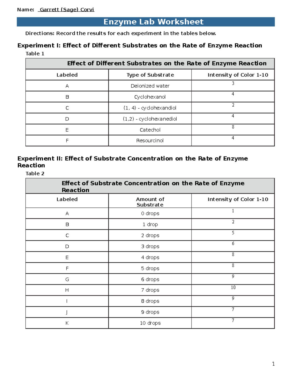 Enzyme Lab Worksheet - Directions: Record the results for each ...