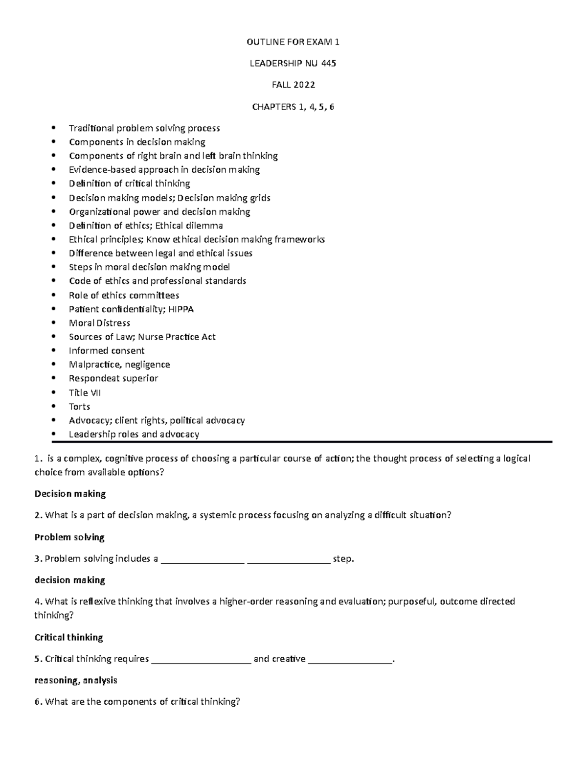 Outline FOR EXAM 1 - General exam point medical surgical - OUTLINE FOR ...