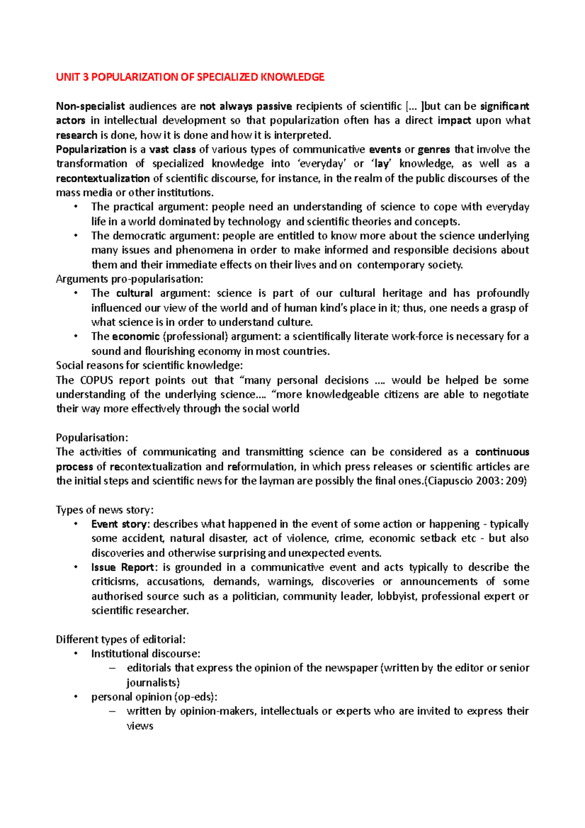 UNIT 3 Popularization OF Specialized Knowledge - UNIT 3 POPULARIZATION ...