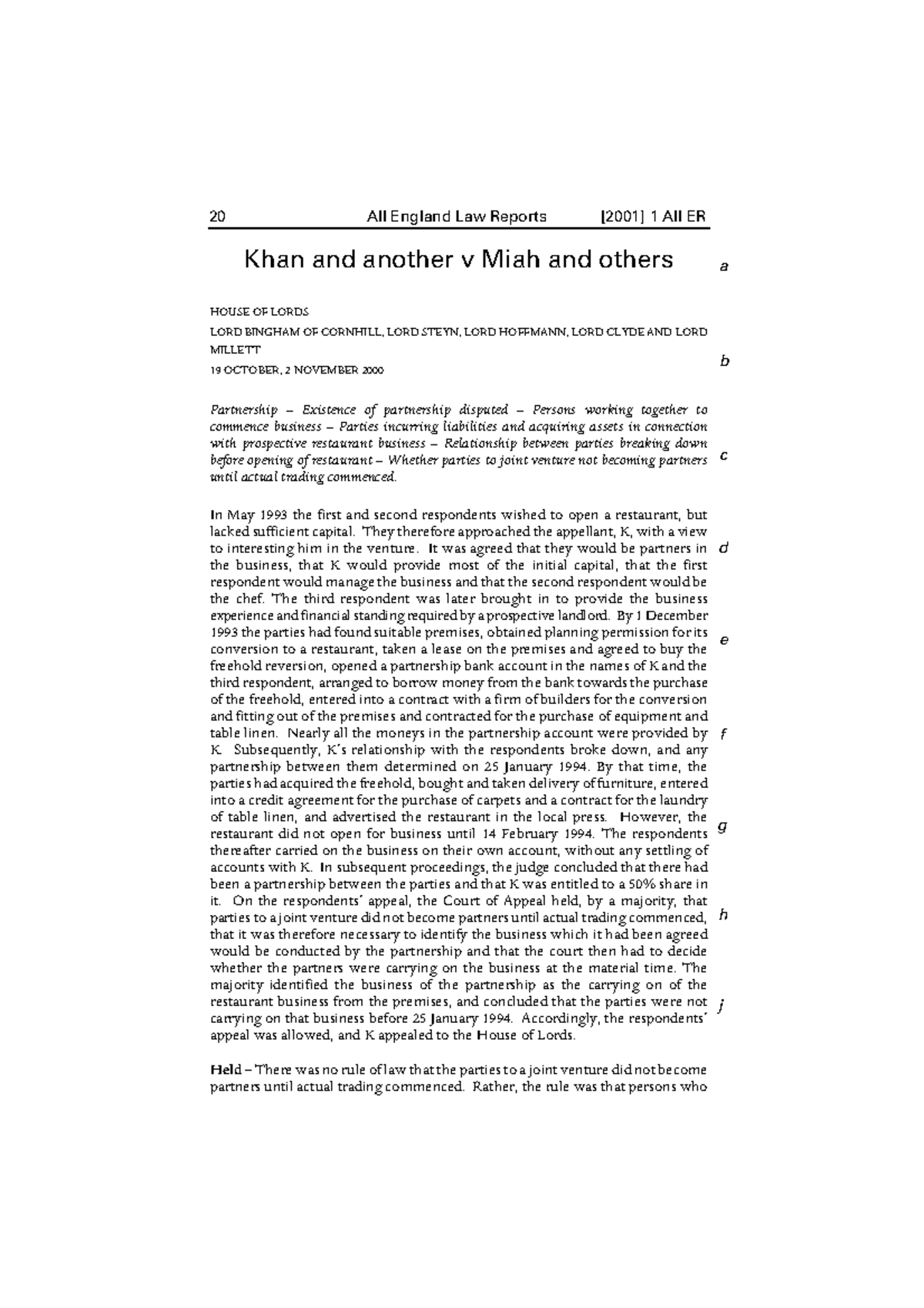 Khan case - practical - HLKhan v Miah 20 All England Law Reports [2001 ...