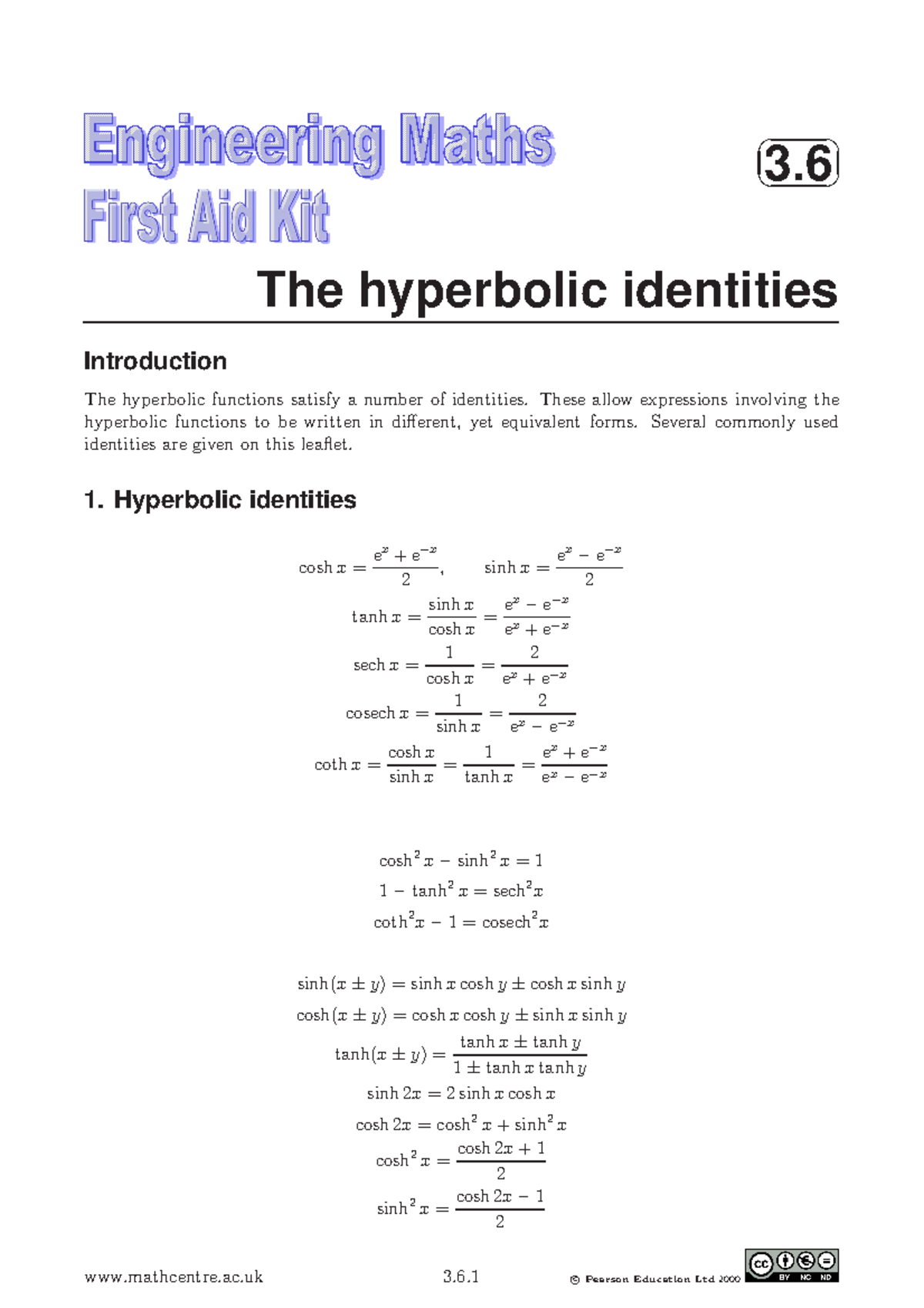 TRIG Hyperbolic Identities - 3. The hyperbolic identities Introduction ...