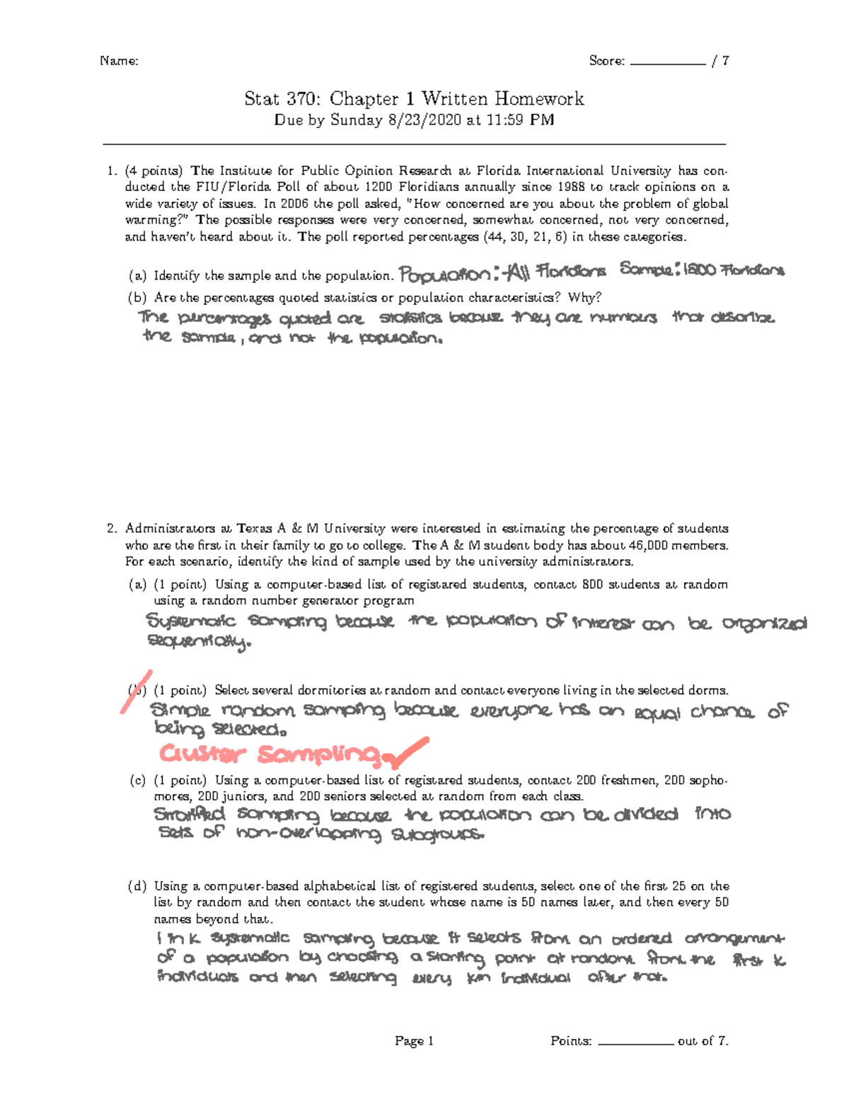 Stat 370 ch 1 written homework - Copy - Name: Score: / 7 Stat 370 ...