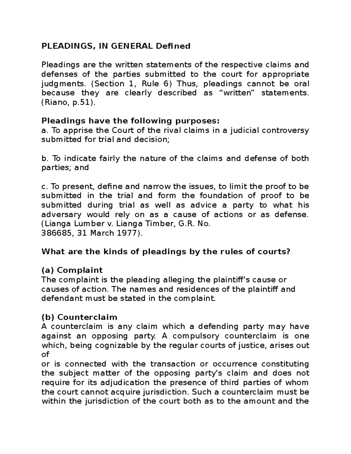 Notes on Pleadings Civ Pro - PLEADINGS, IN GENERAL Defined Pleadings ...