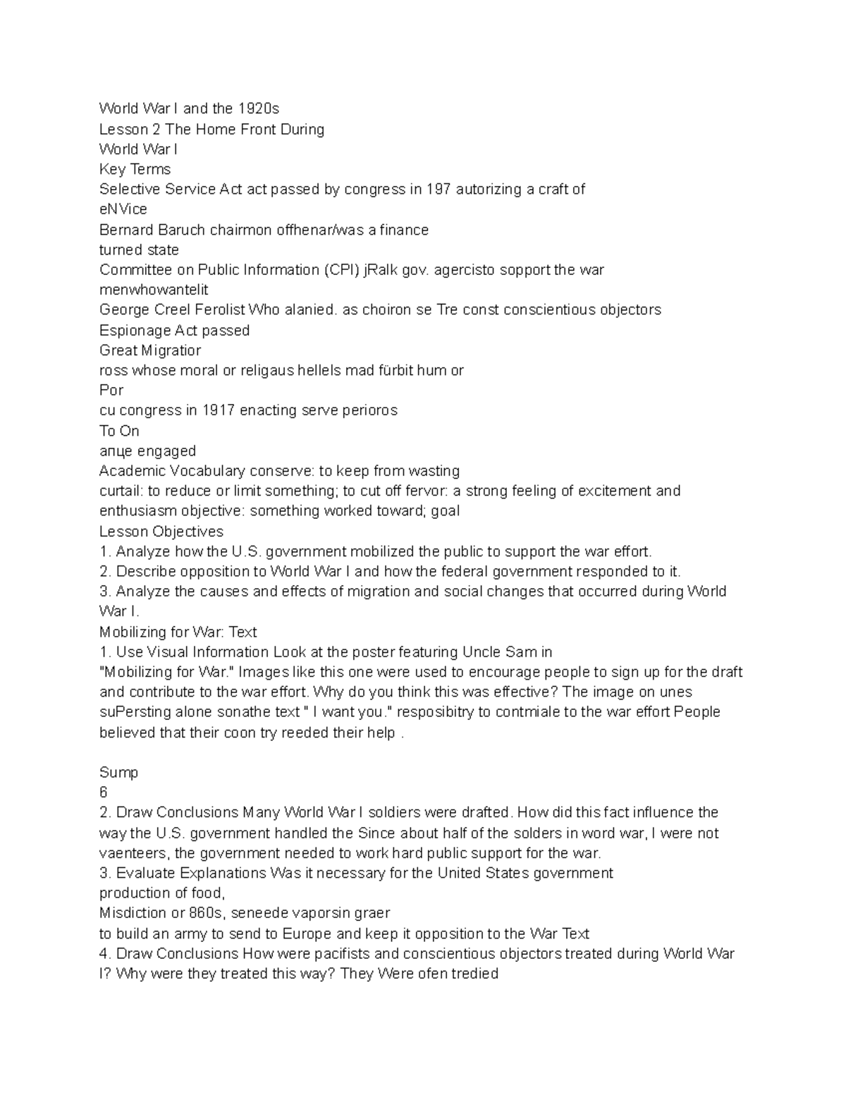 Copy of O work - World War I and the 1920s Lesson 2 The Home Front ...