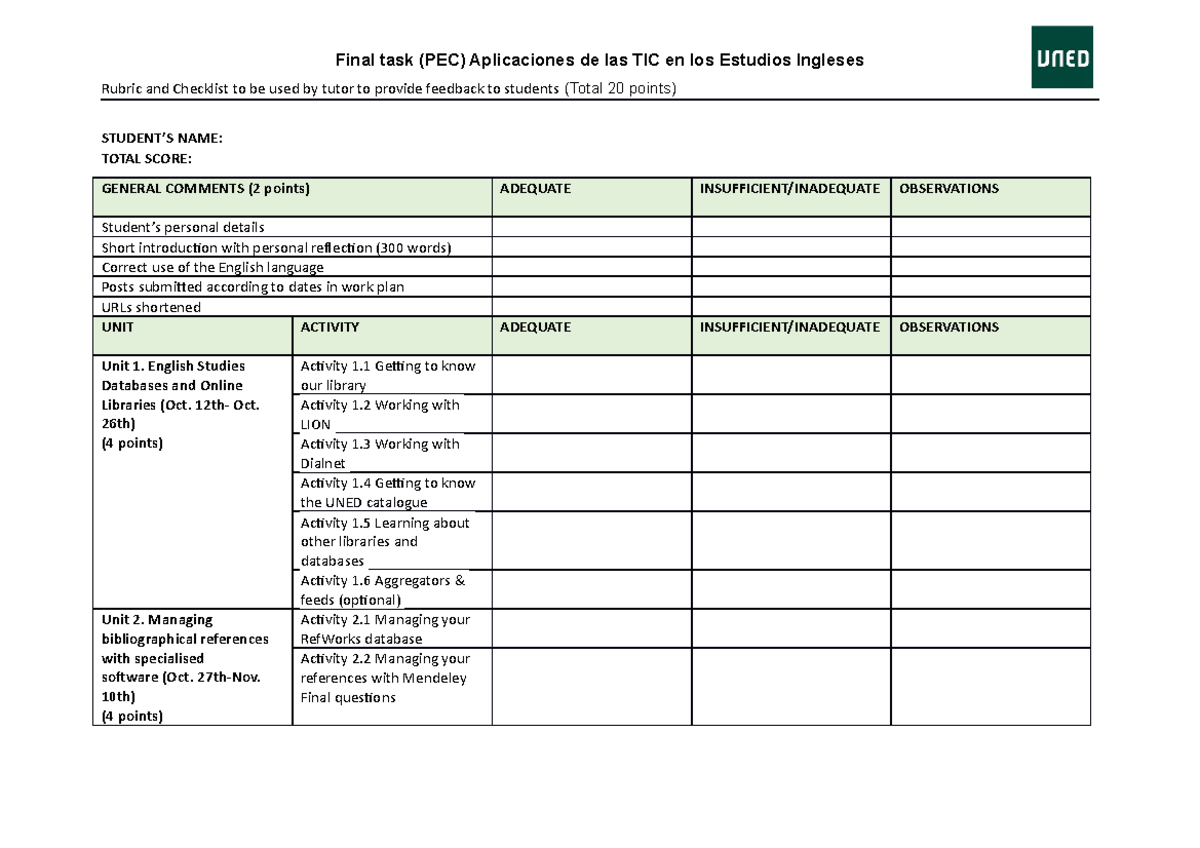 Checklist Rubric PEC Aplicaciones 3 - Final task (PEC) Aplicaciones de ...