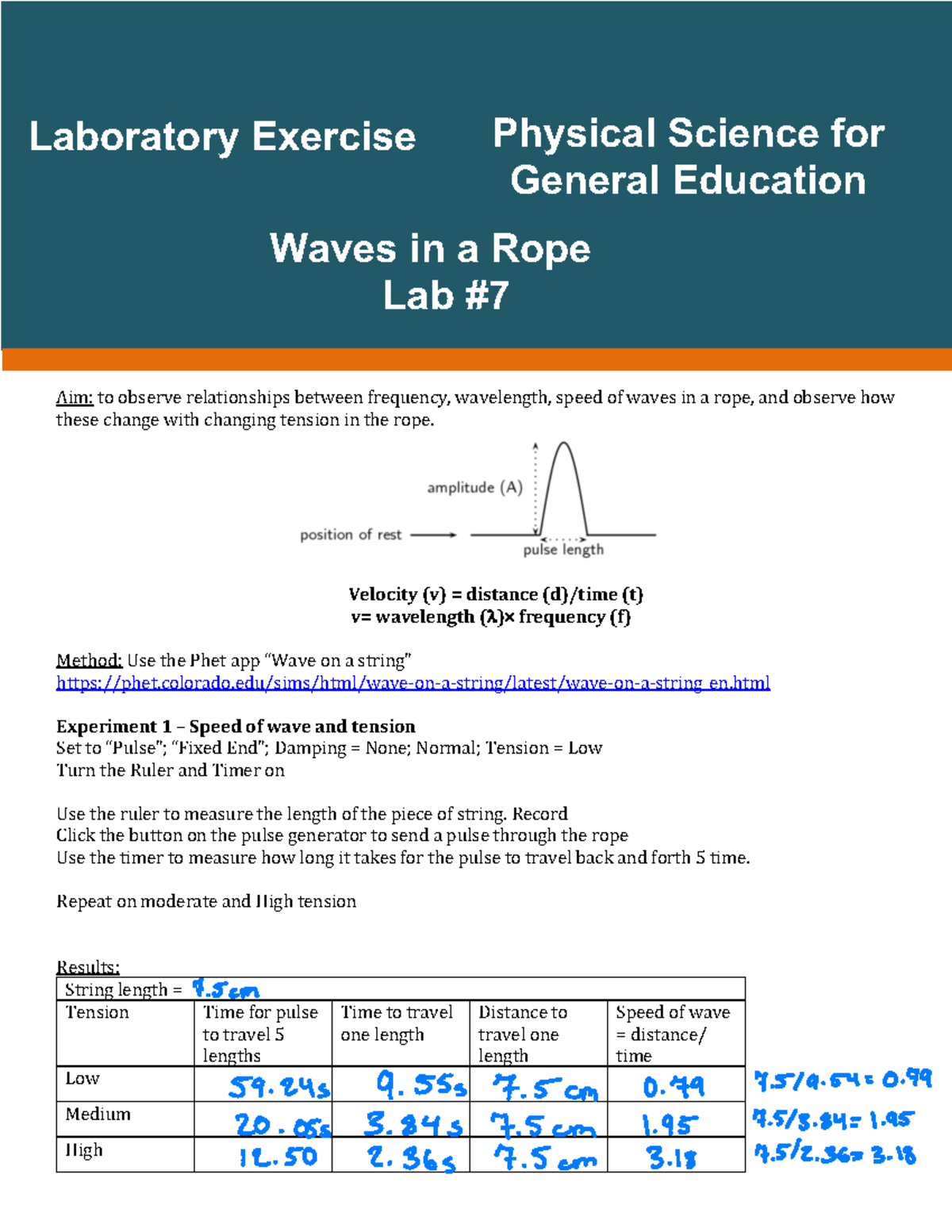 Lab #7, Waves in a Rope - Lab 7 - Aim: to observe relationships between ...