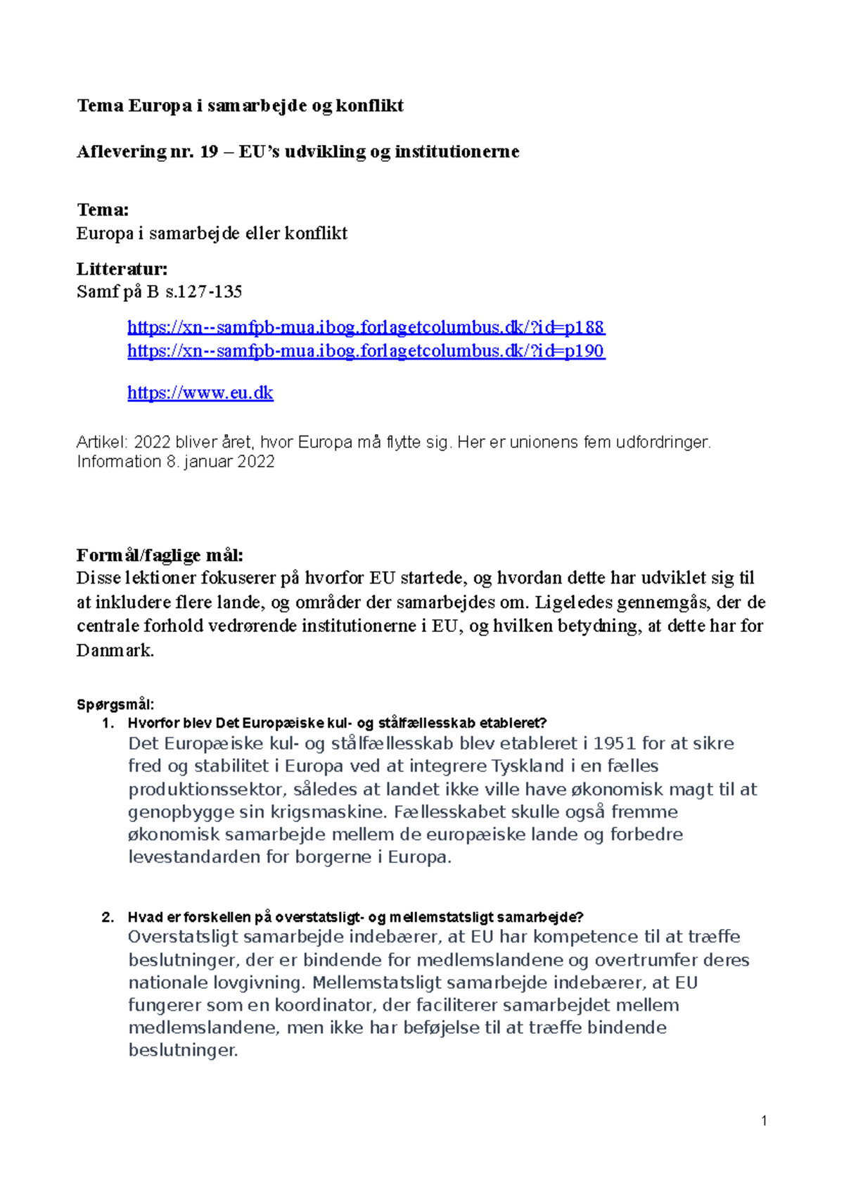 Lektion 19 Eu Institutioner Tema Europa I Samarbejde Og Konflikt Aflevering Nr 19 Eus