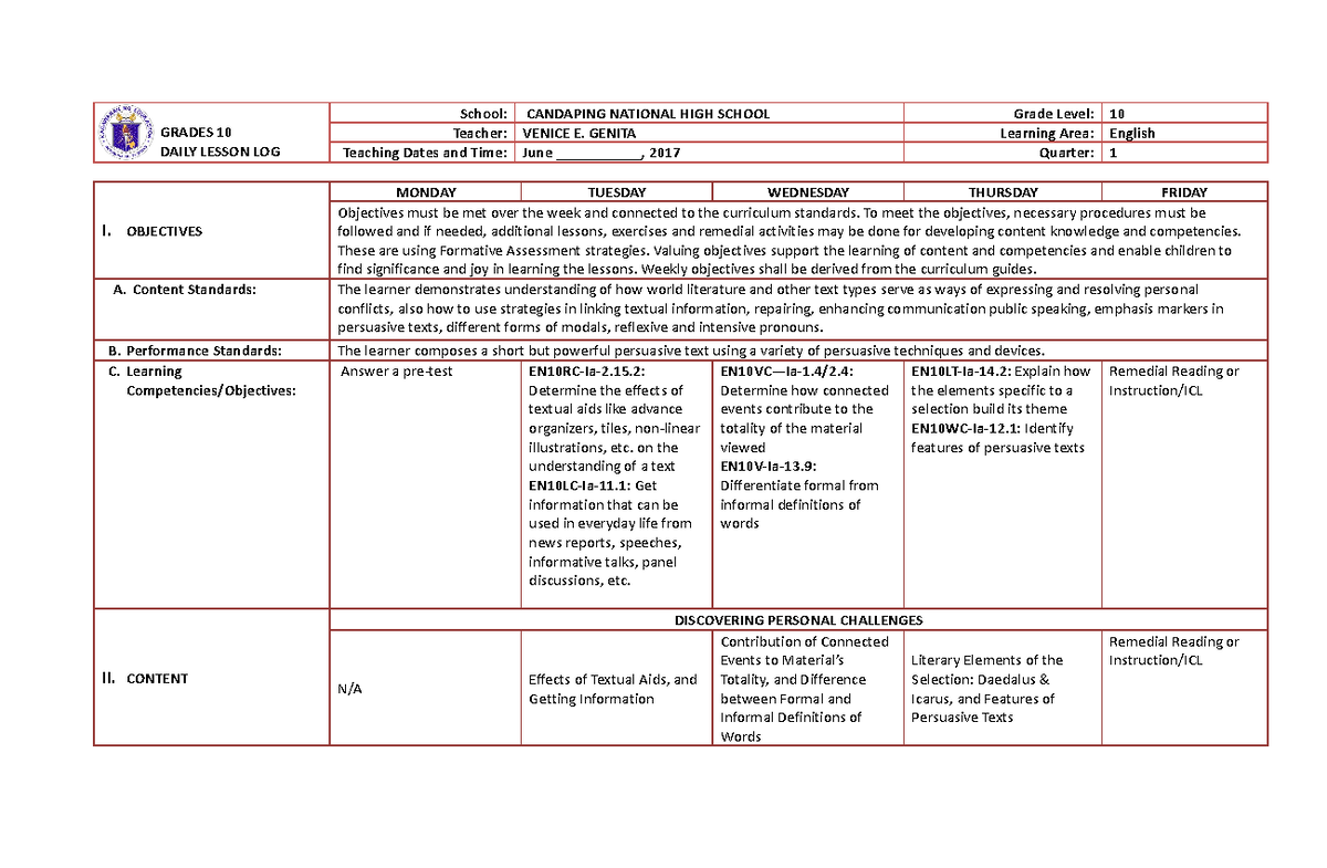 358498947 DLL G10 First Quarter - GRADES 10 DAILY LESSON LOG School ...