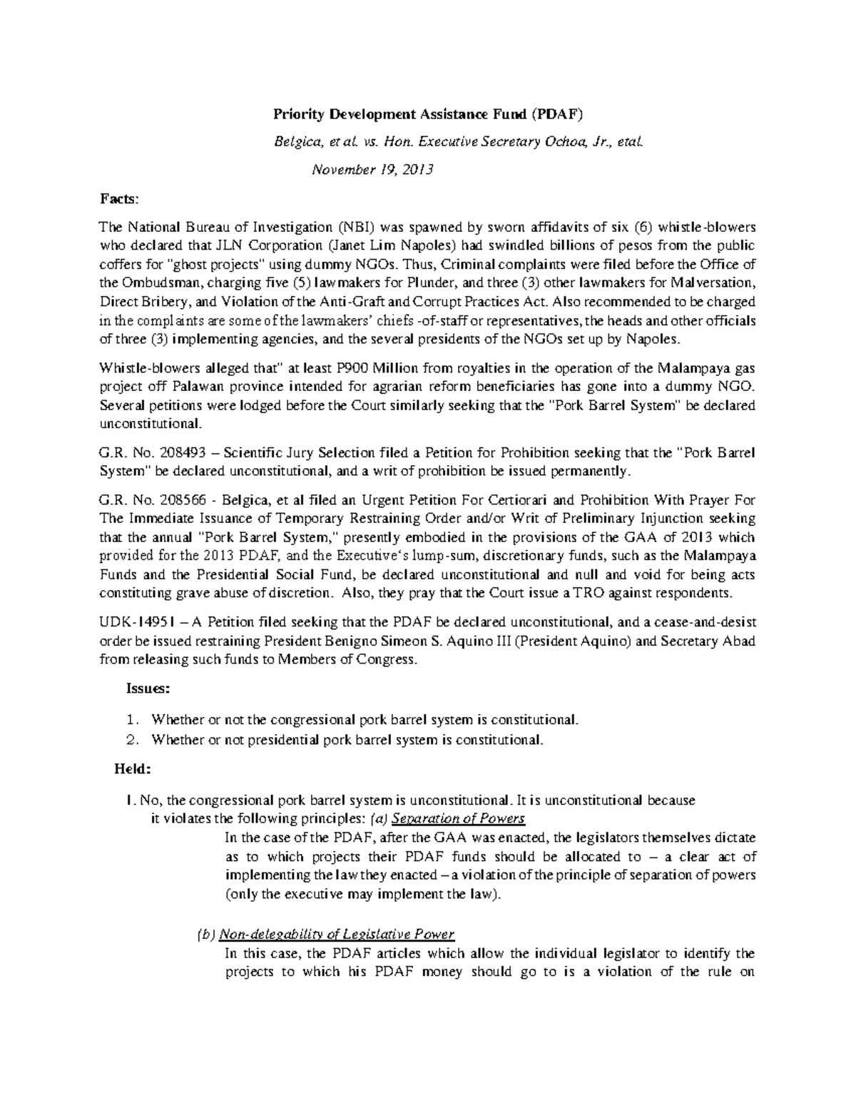 PDAF Case Digest 1 - Philippine Politics and Governance - Studocu