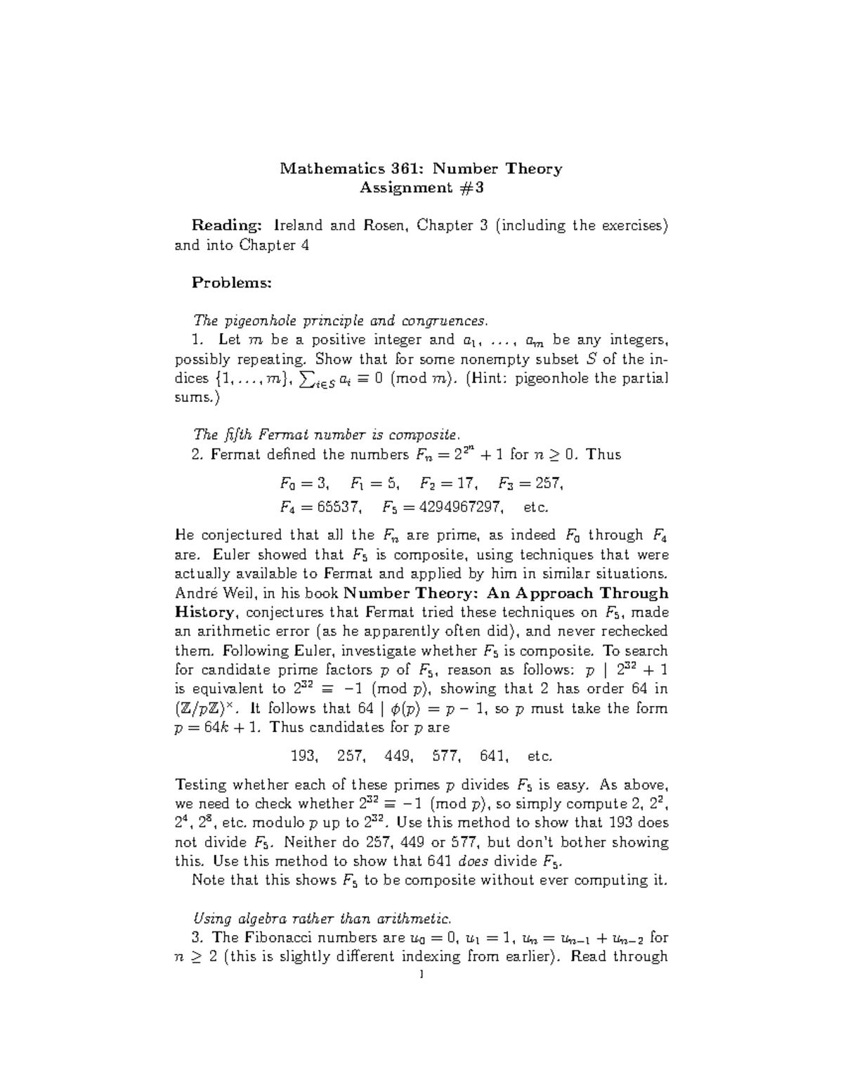 Number Theory Assignment - Mathematics 361: Number Theory Assignment ...