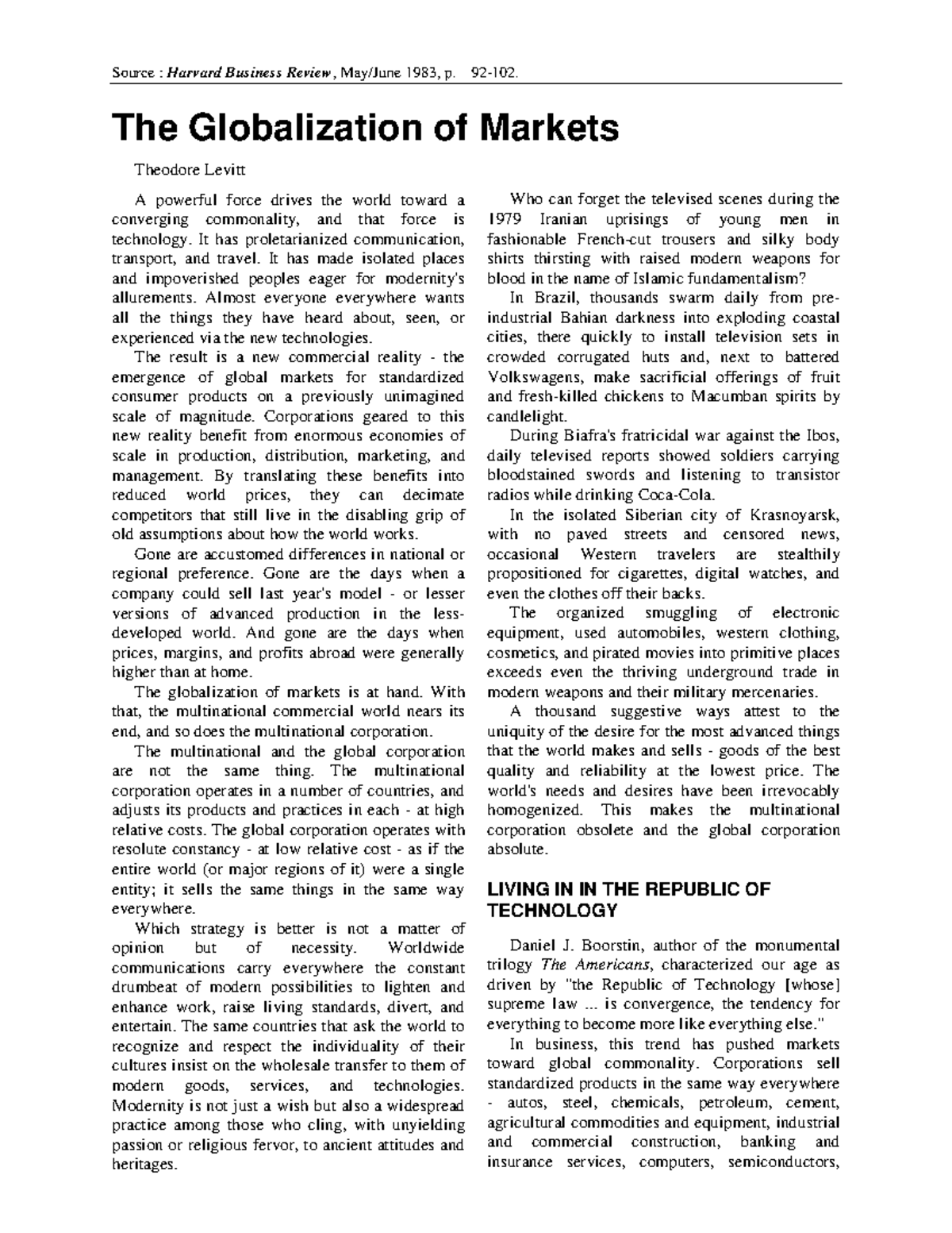 The globalization of markets - Source : Harvard Business Review, May ...