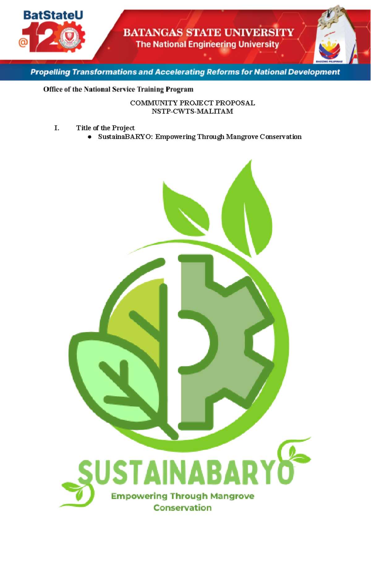 Brgy - COMMUNITY PROJECT PROPOSAL NSTP-CWTS-MALITAM I. Title of the ...