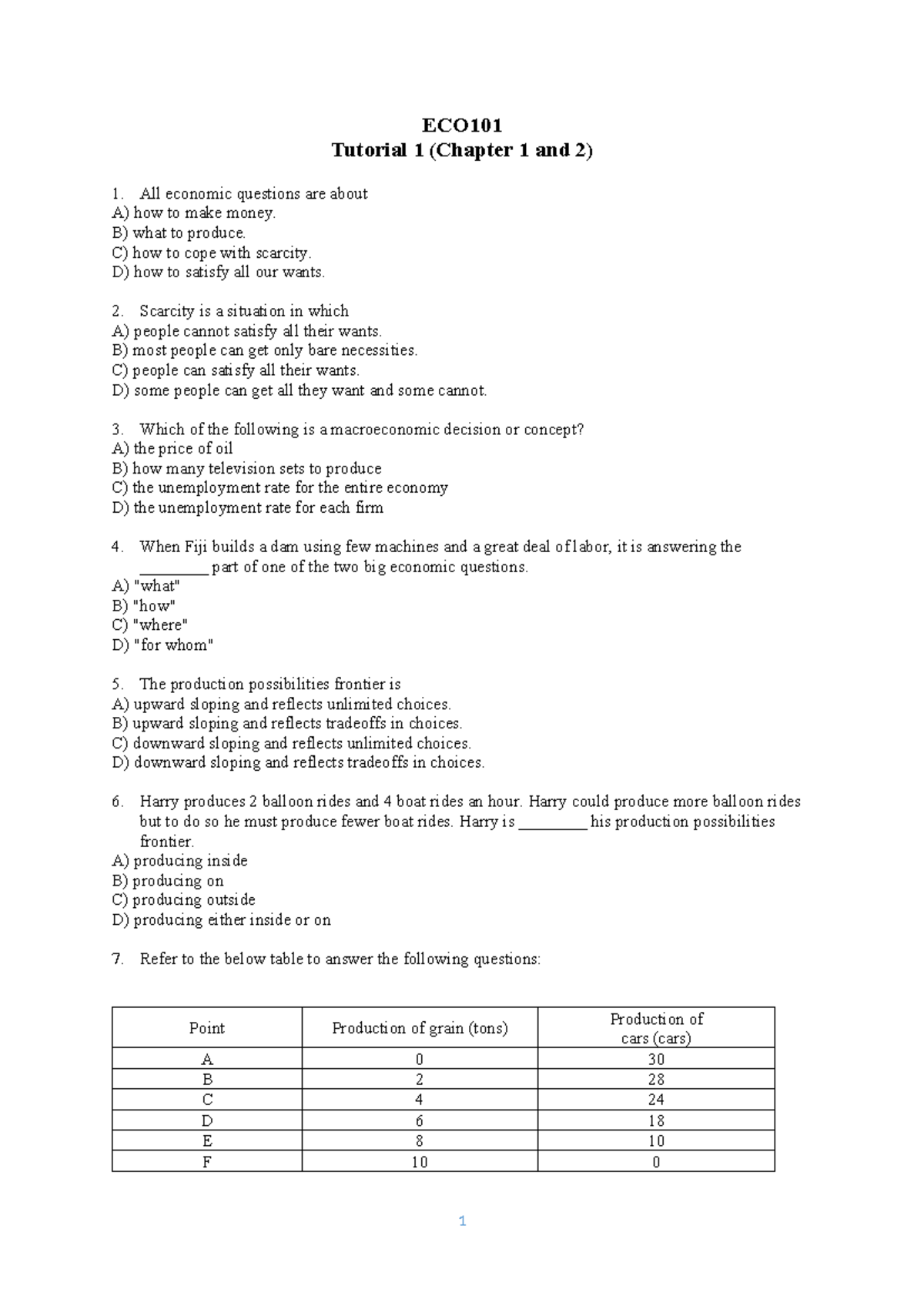 Tutorial 1 - ECO Tutorial 1 (Chapter 1 and 2) 1. All economic questions ...